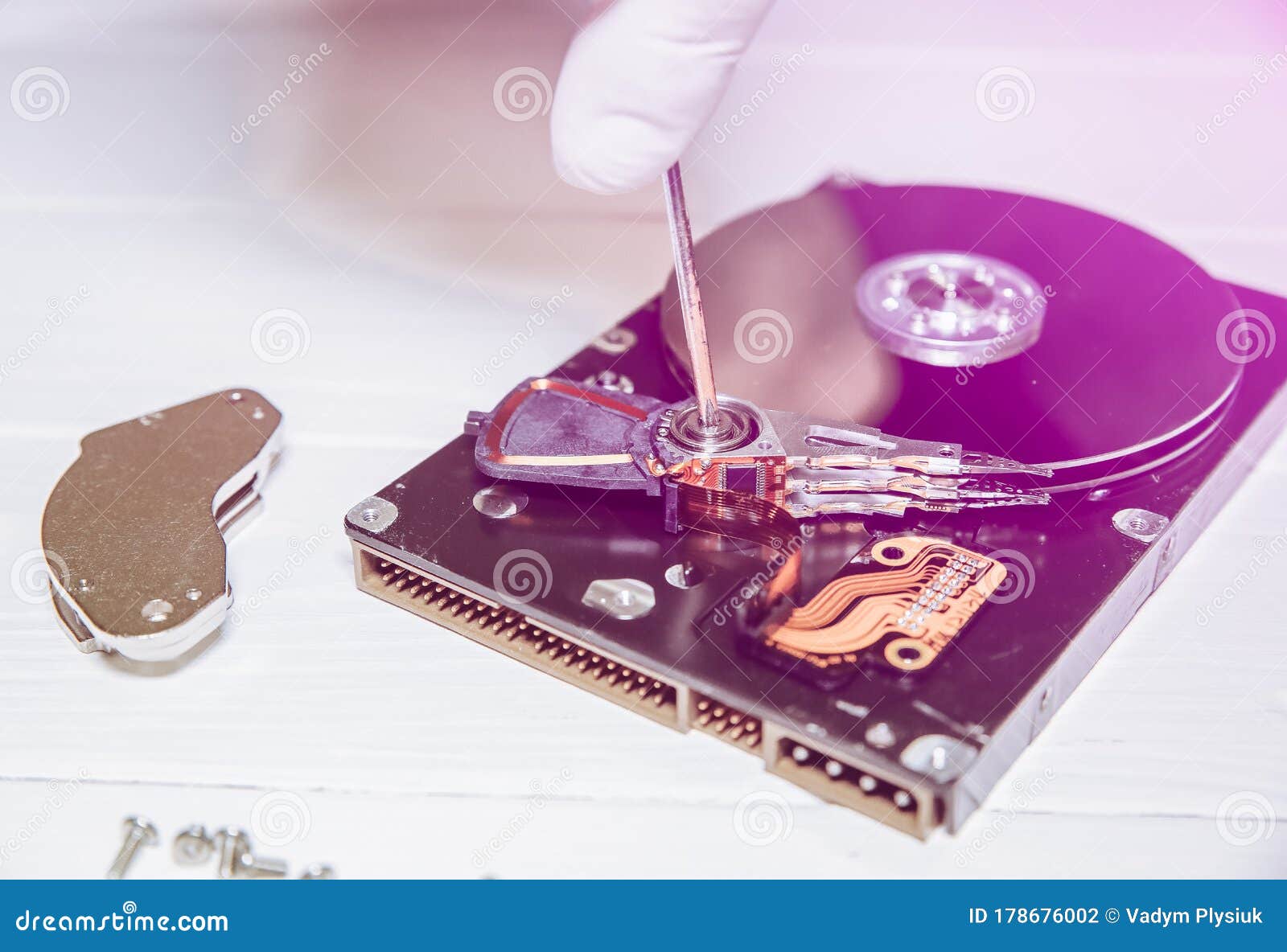 Man Repairing Hard Disk. Inside Details of the Old Personal Computer ...