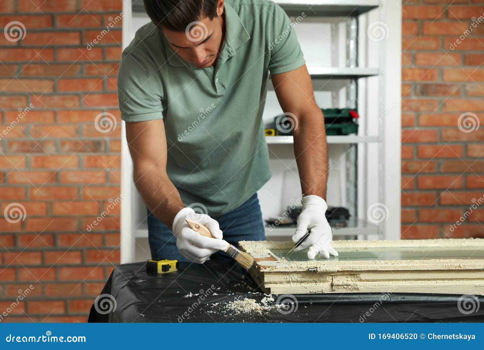 Man Repairing Old Damaged Window at Table Stock Photo - Image of ...
