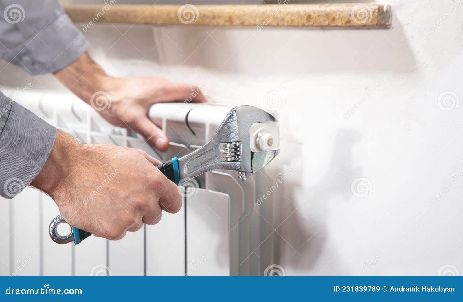 Man Repairing Radiator with Adjustable Wrench Stock Image - Image of ...