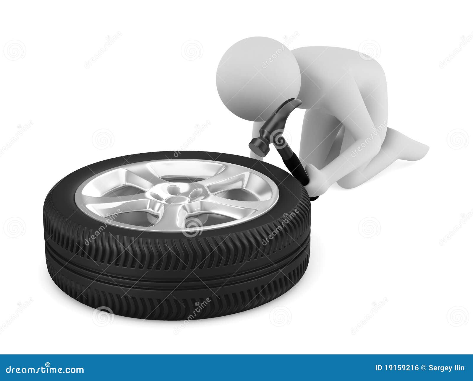 Man Repairs Wheel. Isolated 3D Stock Illustration - Illustration of ...