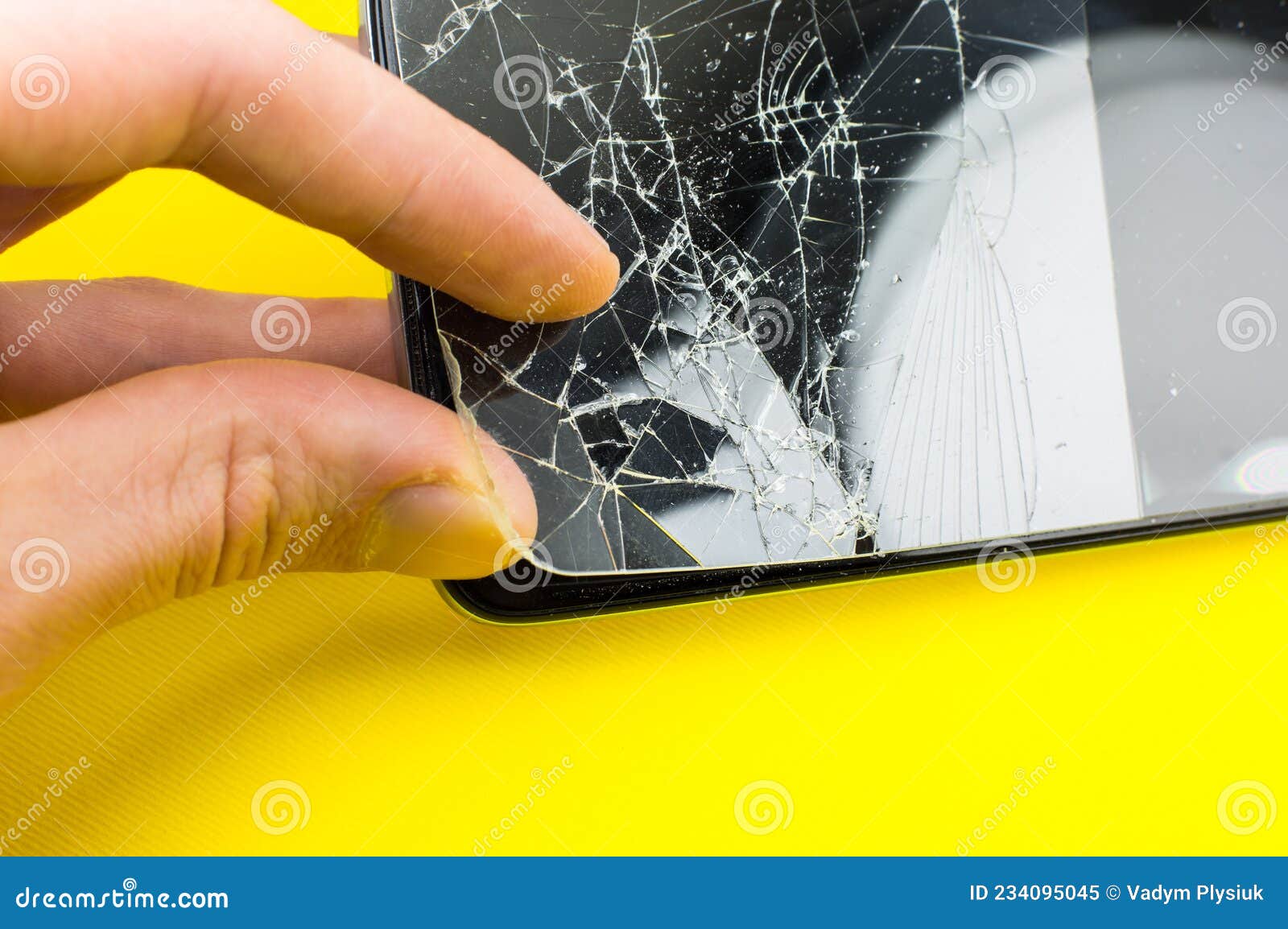 Man Replacing the Broken Tempered Glass Screen Protector. Crashed ...
