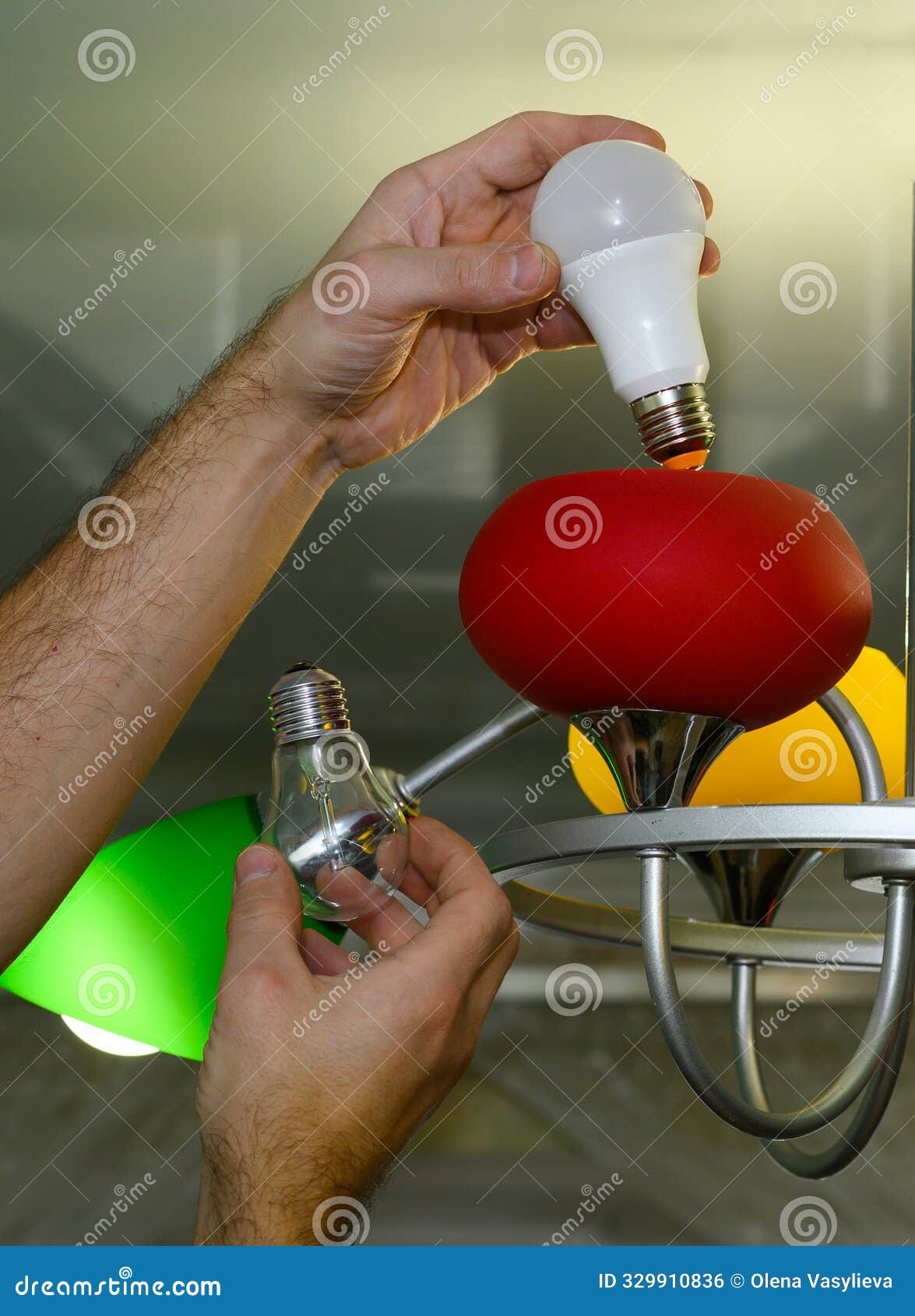 Man Replacing Light Bulb with Led Bulb in Ceiling Light Stock Photo ...