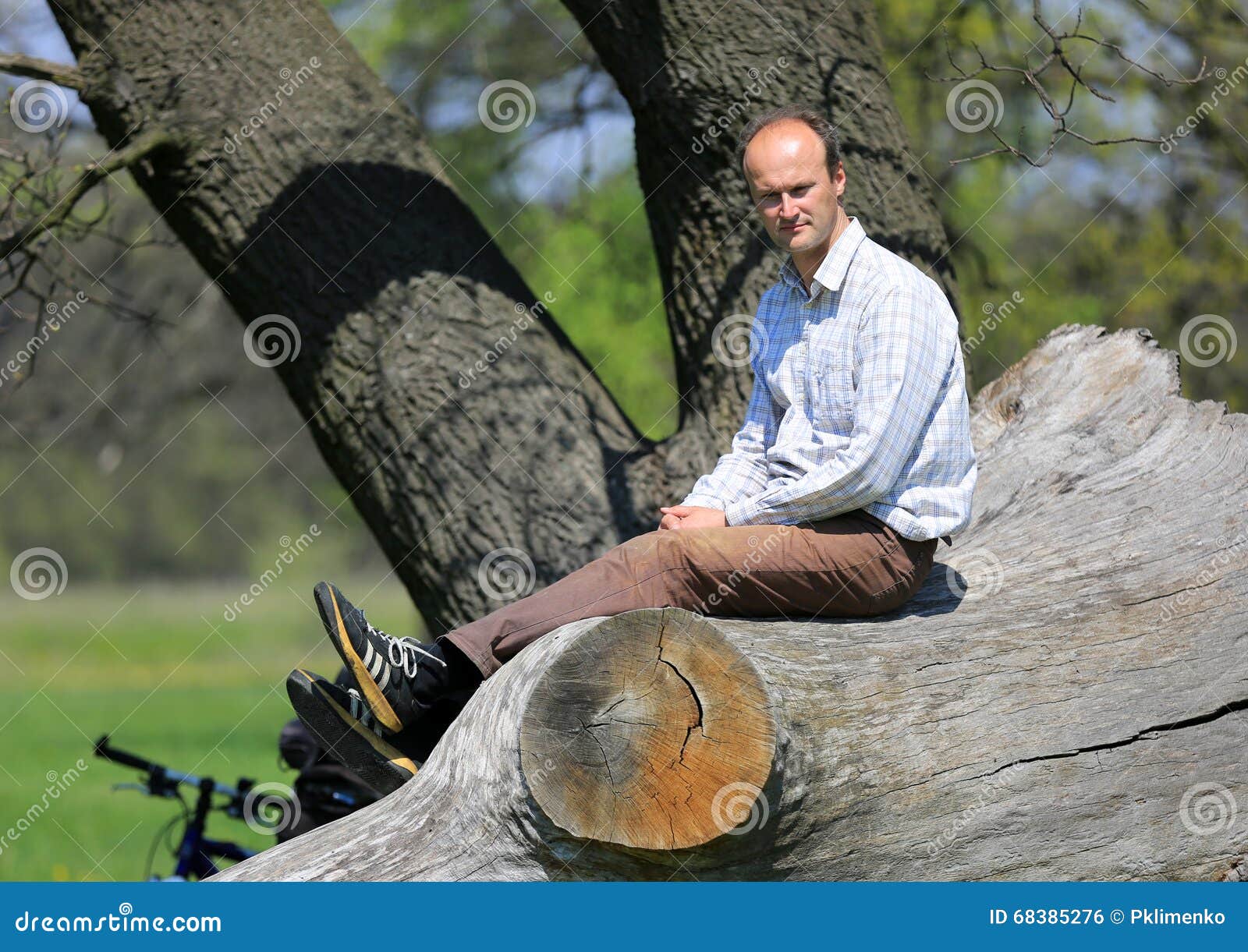 Man rest on old tree stock photo. Image of person, looking - 68385276