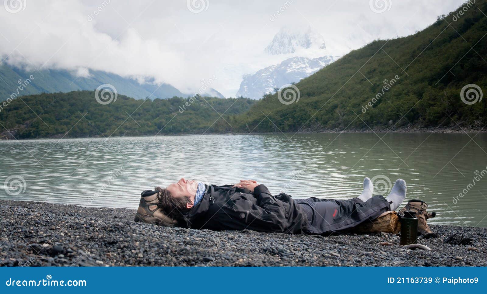Man Resting by Lake Mountain Stock Image - Image of caucasian ...