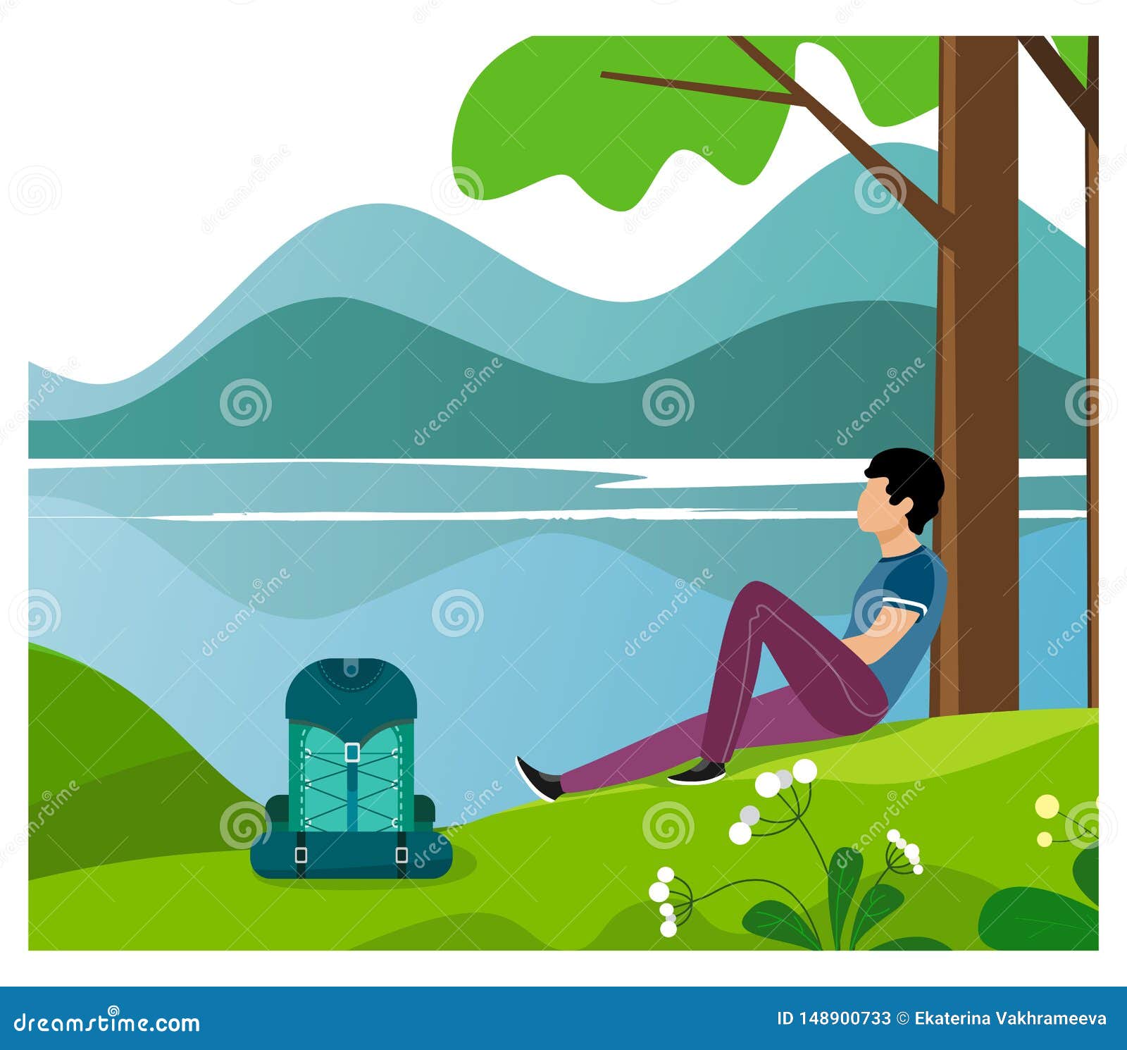 A Man Traveler Sits on a Hill Under a Tree Resting and Looks into the ...