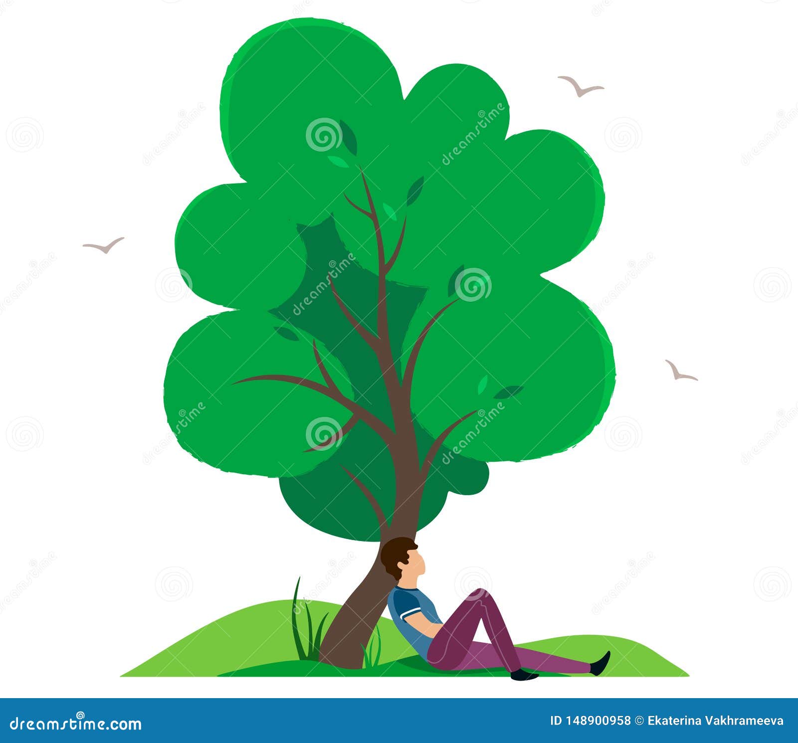 A Man in a Romantic Mood is Resting Under a Big Tree. Vector ...