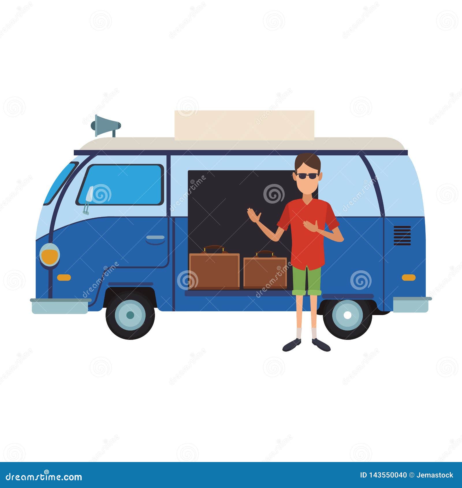 Man with Retro Van and Luggage Inside Stock Vector - Illustration of ...