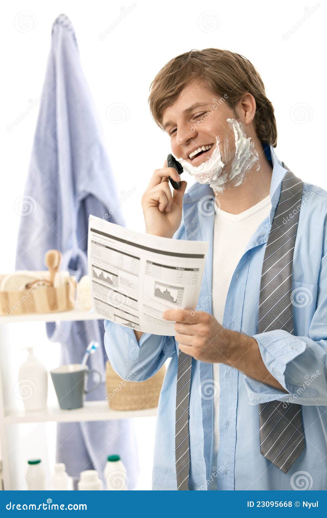 Man Reviewing Document while Shaving Stock Photo - Image of energetic ...