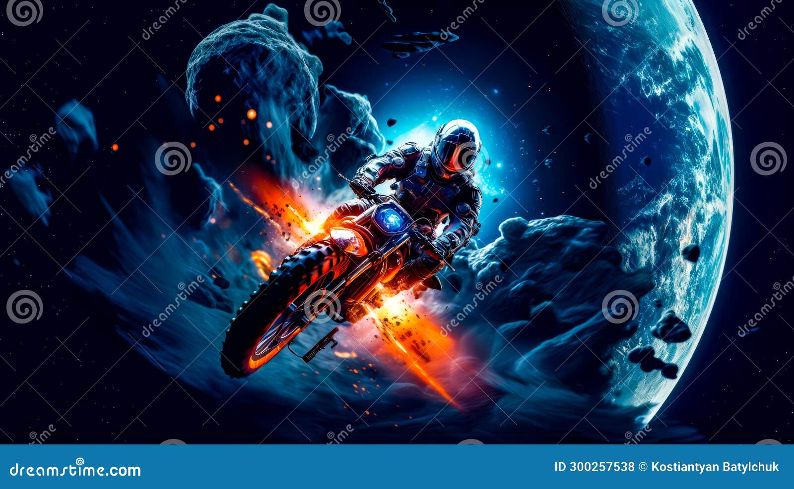 Man Riding on the Back of Motorcycle through Space Filled with Clouds ...