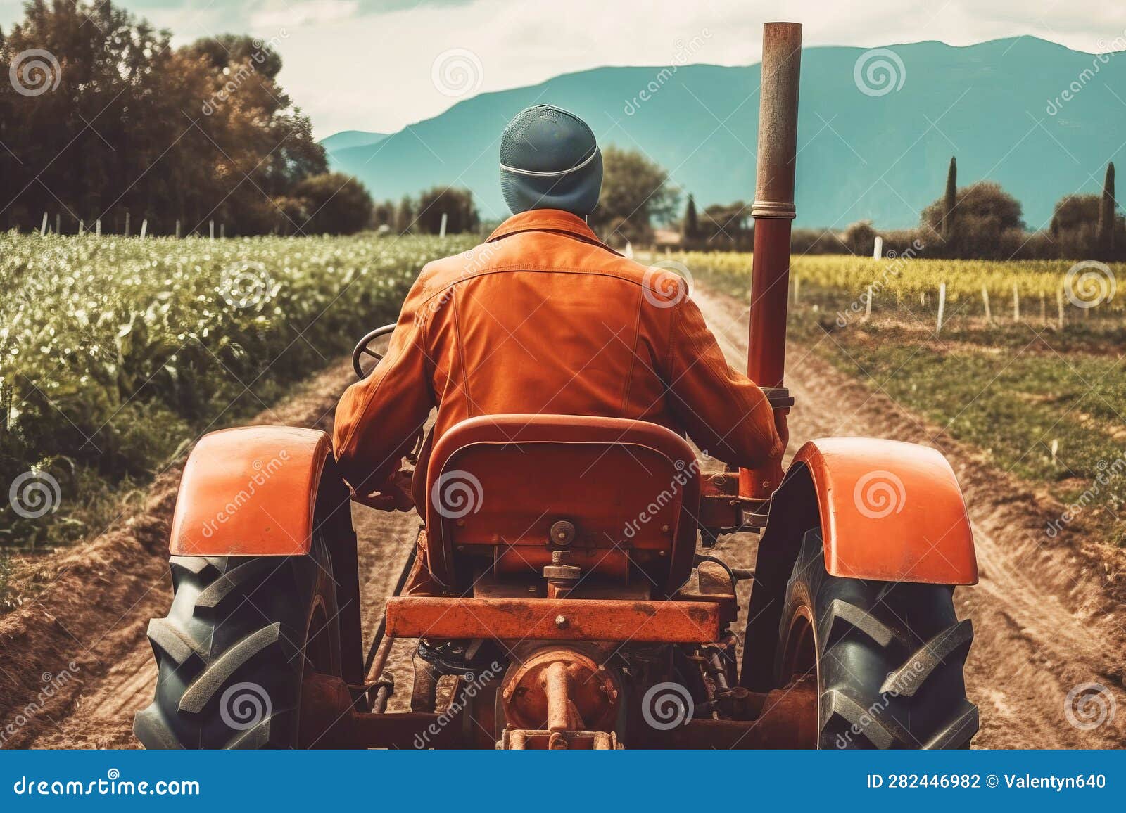 Man Riding on the Back of Orange Tractor Down Dirt Road. Generative AI ...