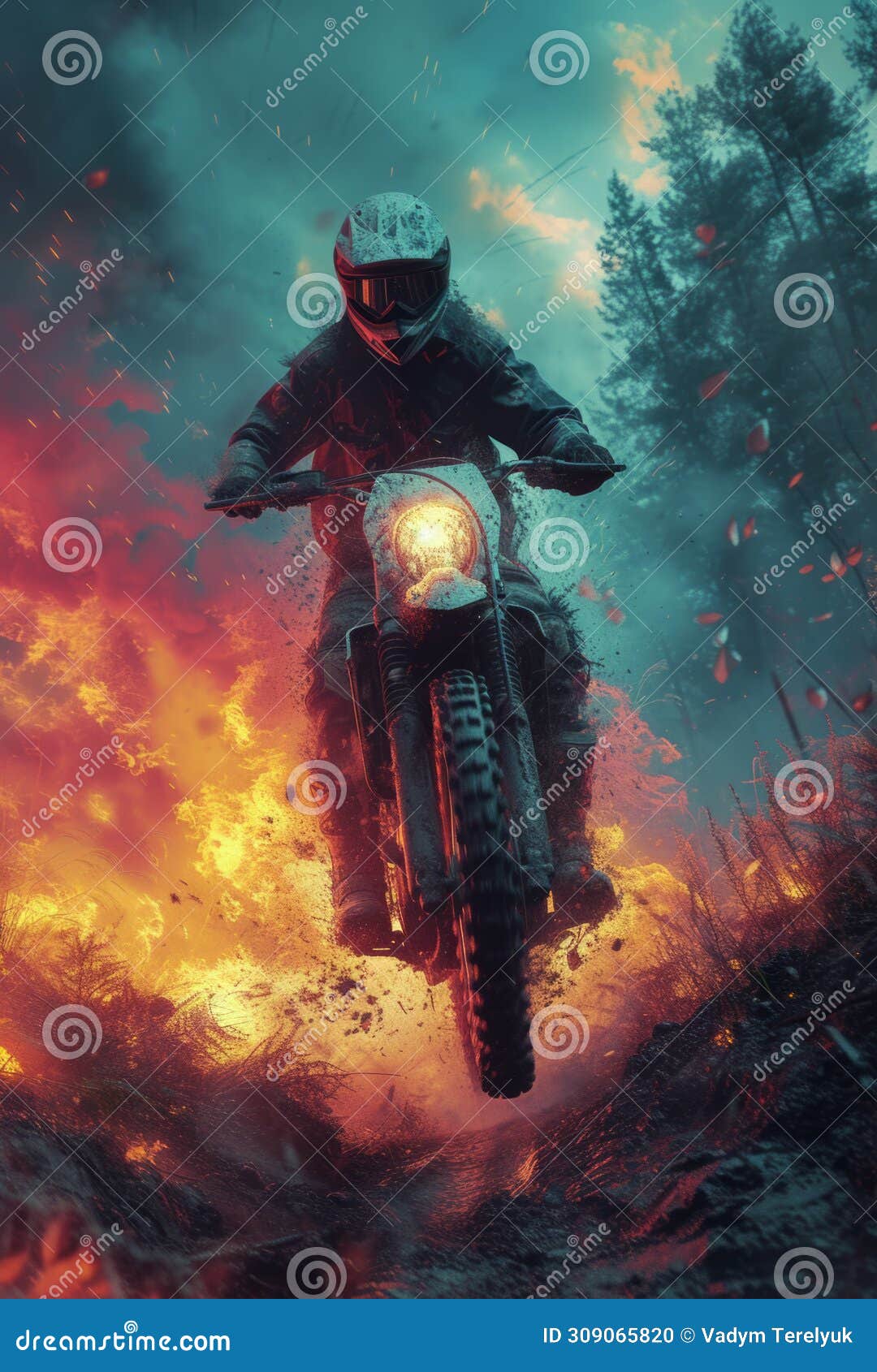 Man Riding Classic Motorcycle through the Flames Digital Art Style ...