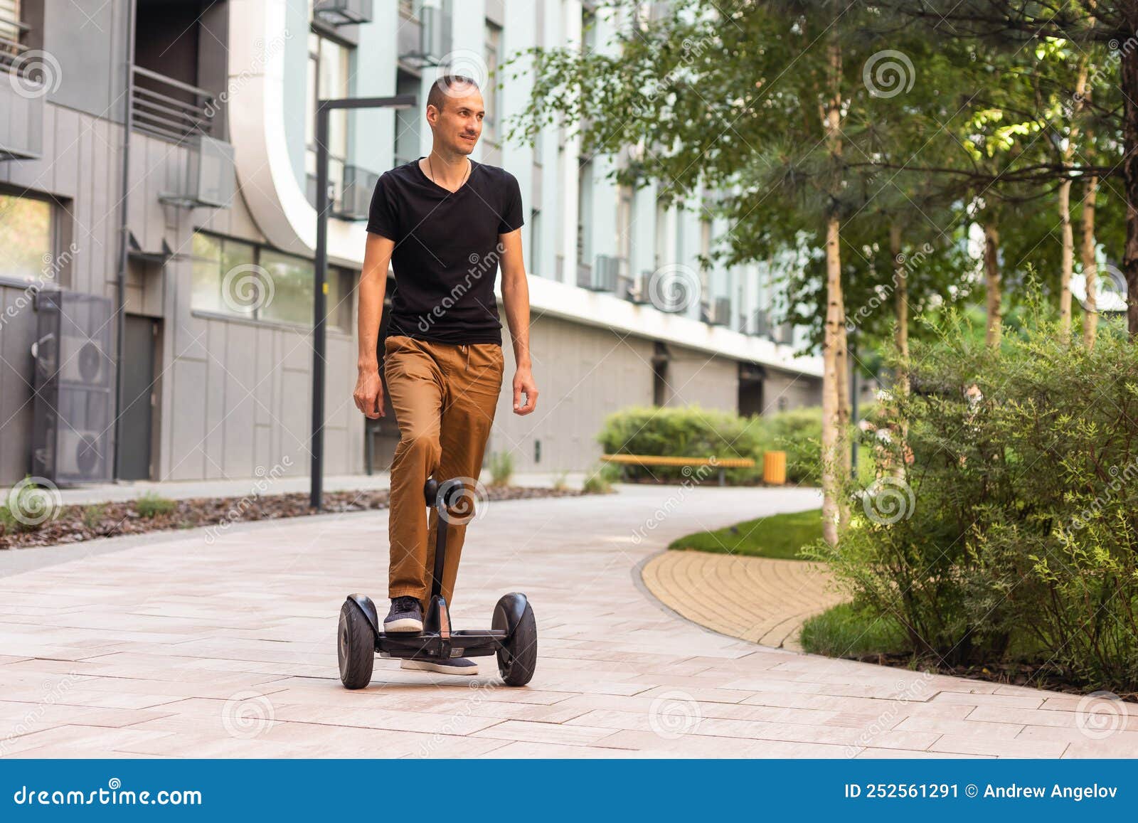 Man Riding Hoverboard, City. Guy on Blue Gyroboard Stock Image - Image ...