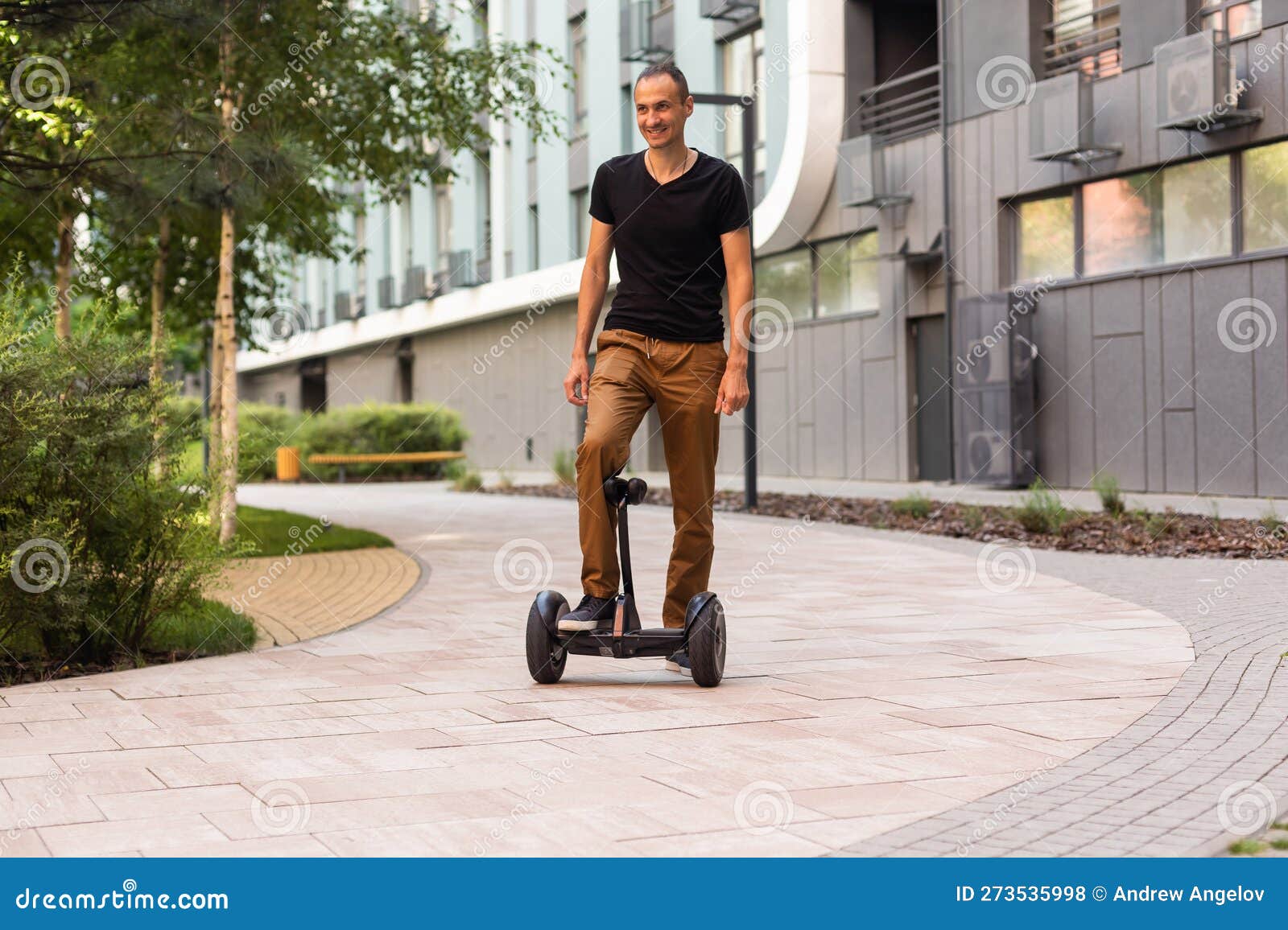 Man Riding Hoverboard, City. Guy on Blue Gyroboard Stock Photo - Image ...