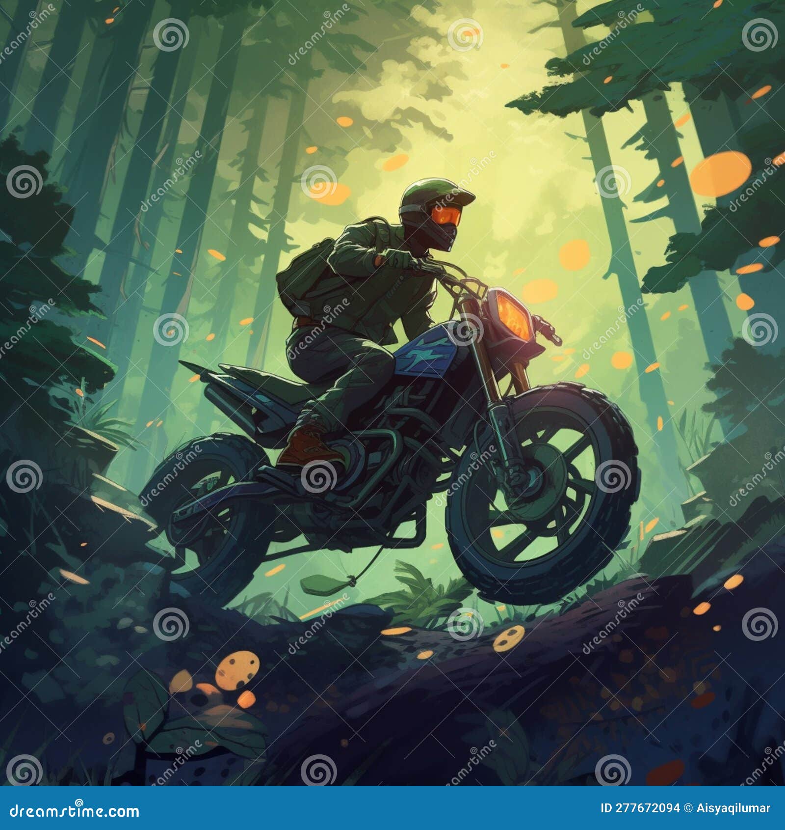 A Man Riding a Motorcycle on Top of a Forest. Stock Illustration ...