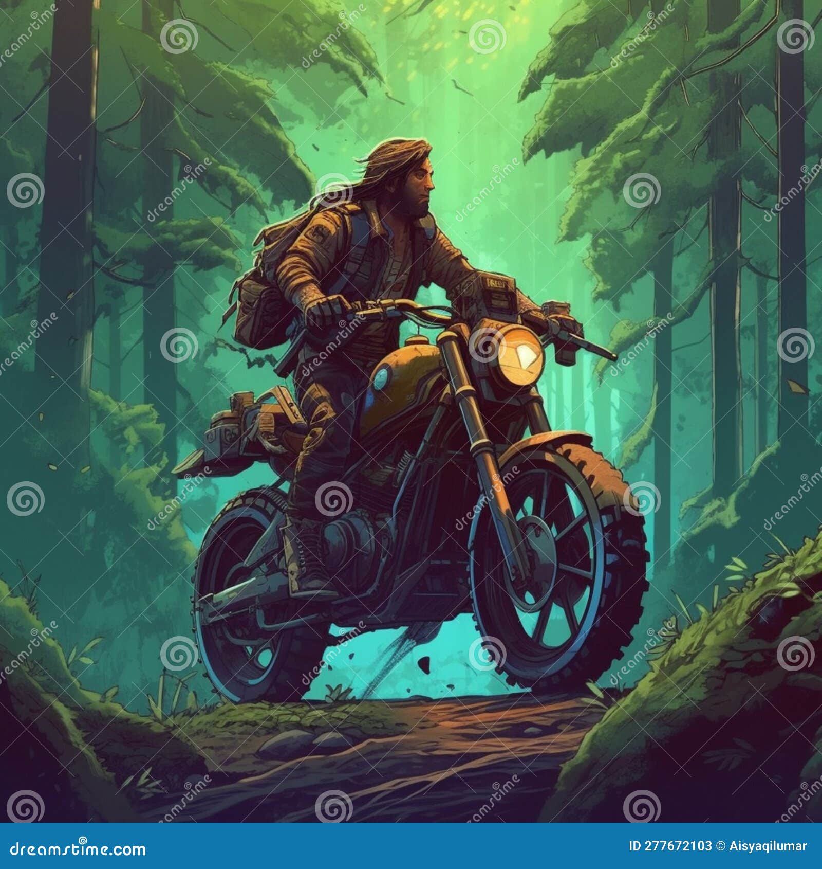 A Man Riding a Motorcycle on Top of a Forest. Stock Illustration ...