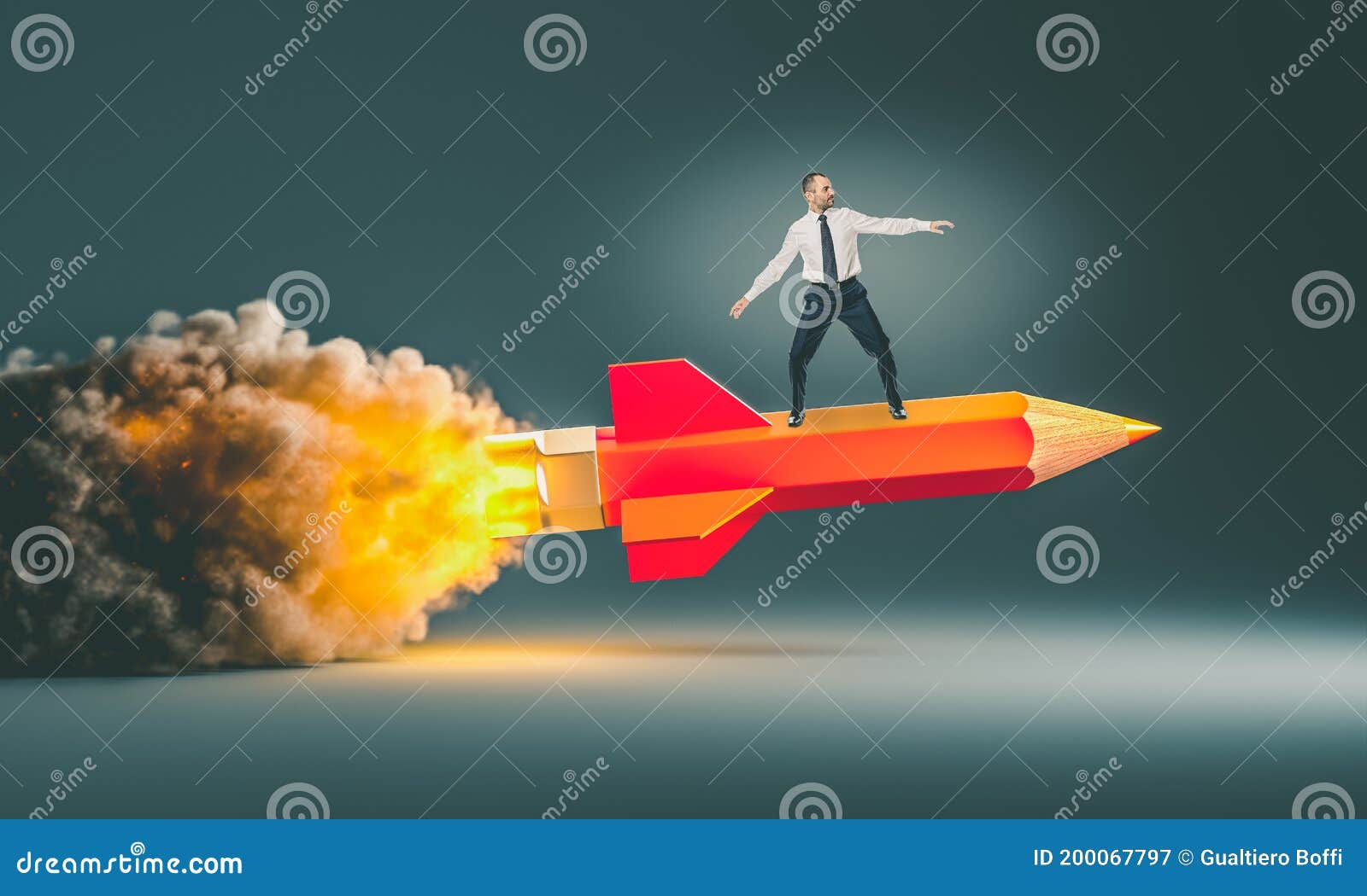 Man riding a rocket pencil stock image. Image of character - 200067797