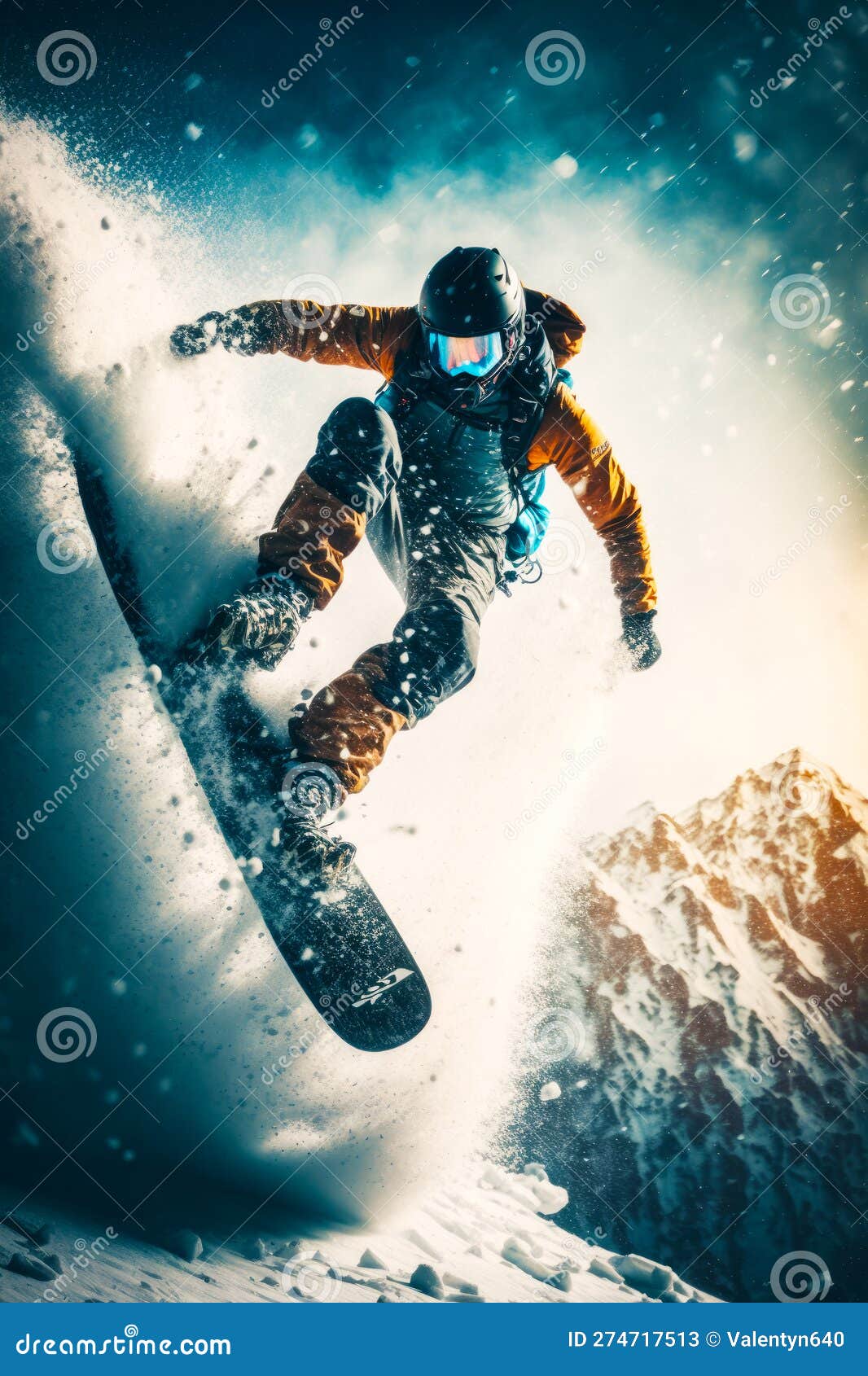 Man Riding Snowboard Down the Side of Snow Covered Slope. Generative AI ...