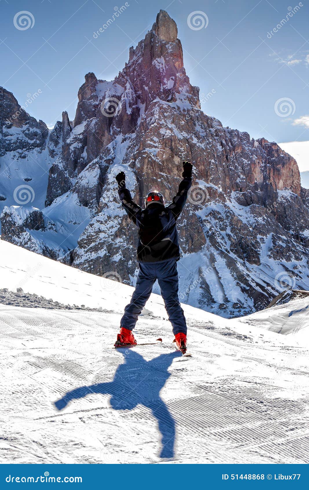 Man Rising Arms Snow Mountain Ski Skier Back Stock Photo - Image of ...