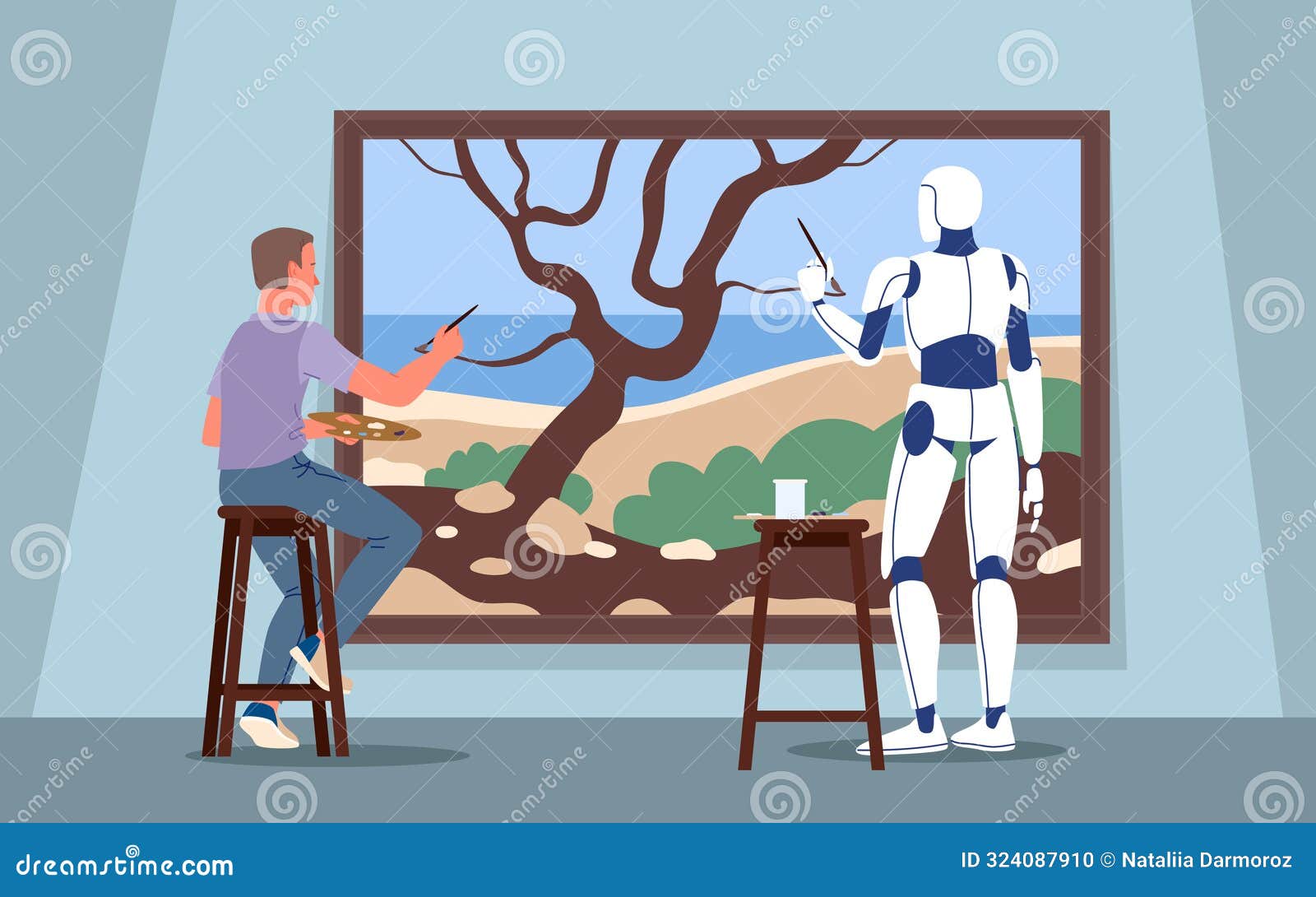 Man and Robot Create Together, Painter Drawing Image with Brush and ...