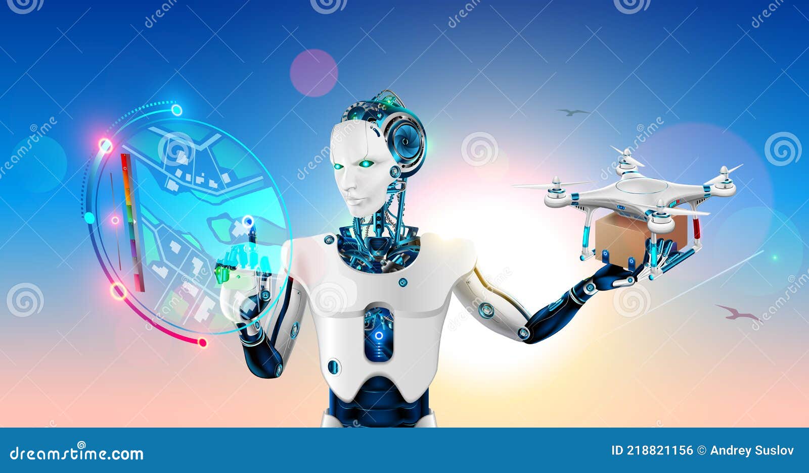 Robot Or Cyborg With Artificial Intelligence Launches Drone In The ... Robot Or Cyborg With Artificial Intelligence Launches Drone In The ...