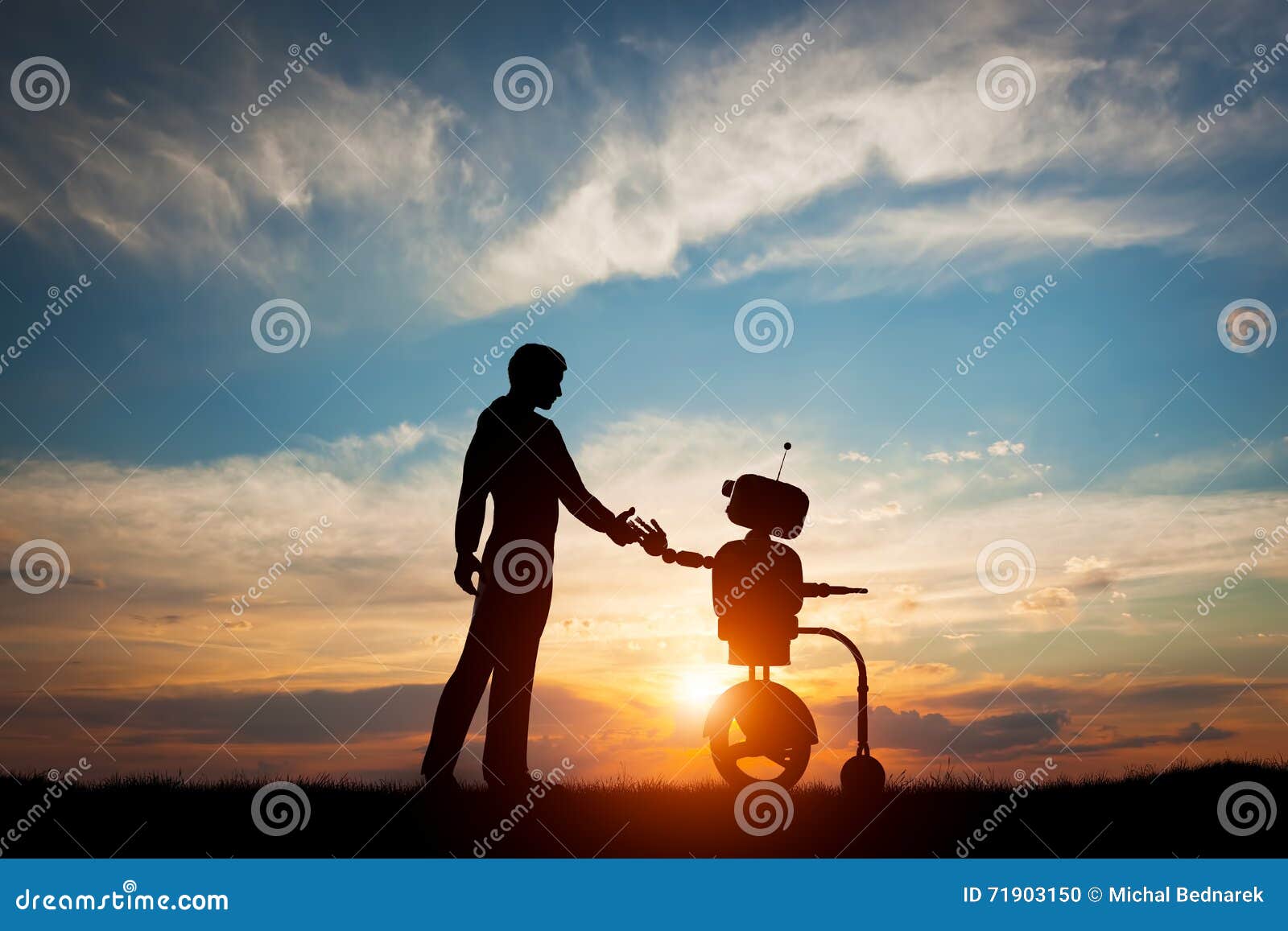 Man and Robot Meet and Handshake. Concept of the Future Interaction ...