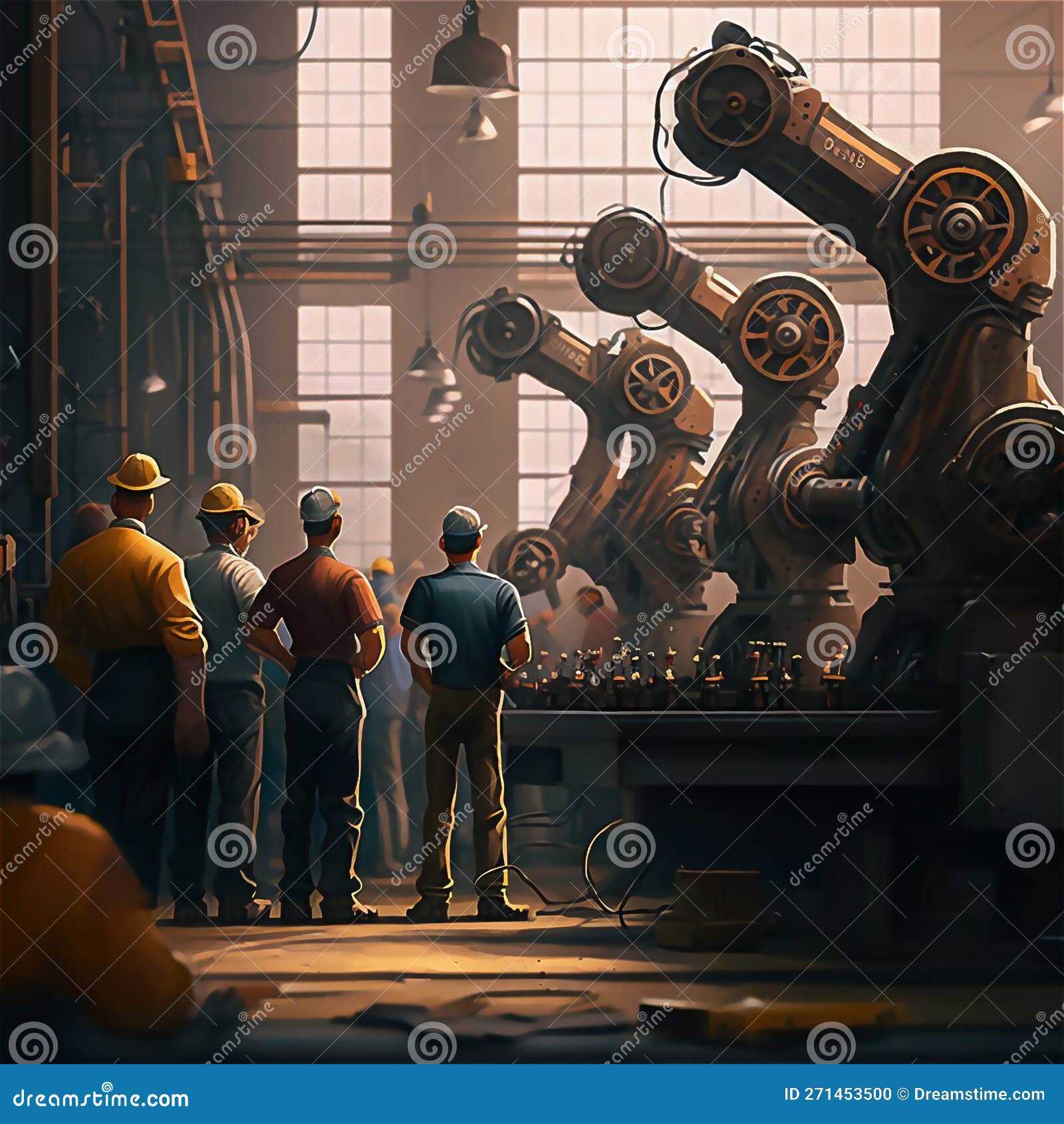 Man And Robotic Machine Work Together Inside Industrial Building. The ...
