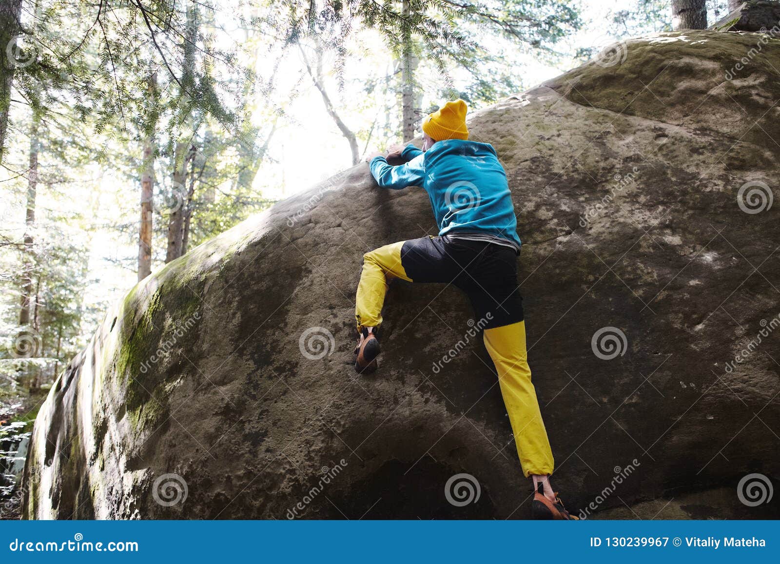 A Man Rock Climber Climbing a Rock Outdoors in Forest Stock Image ...