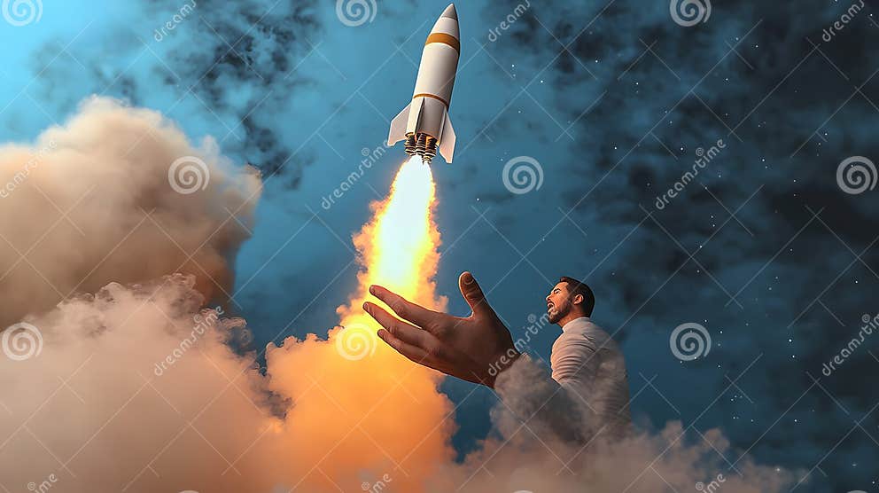 Man with Rocket Launching from His Hand Stock Illustration ...