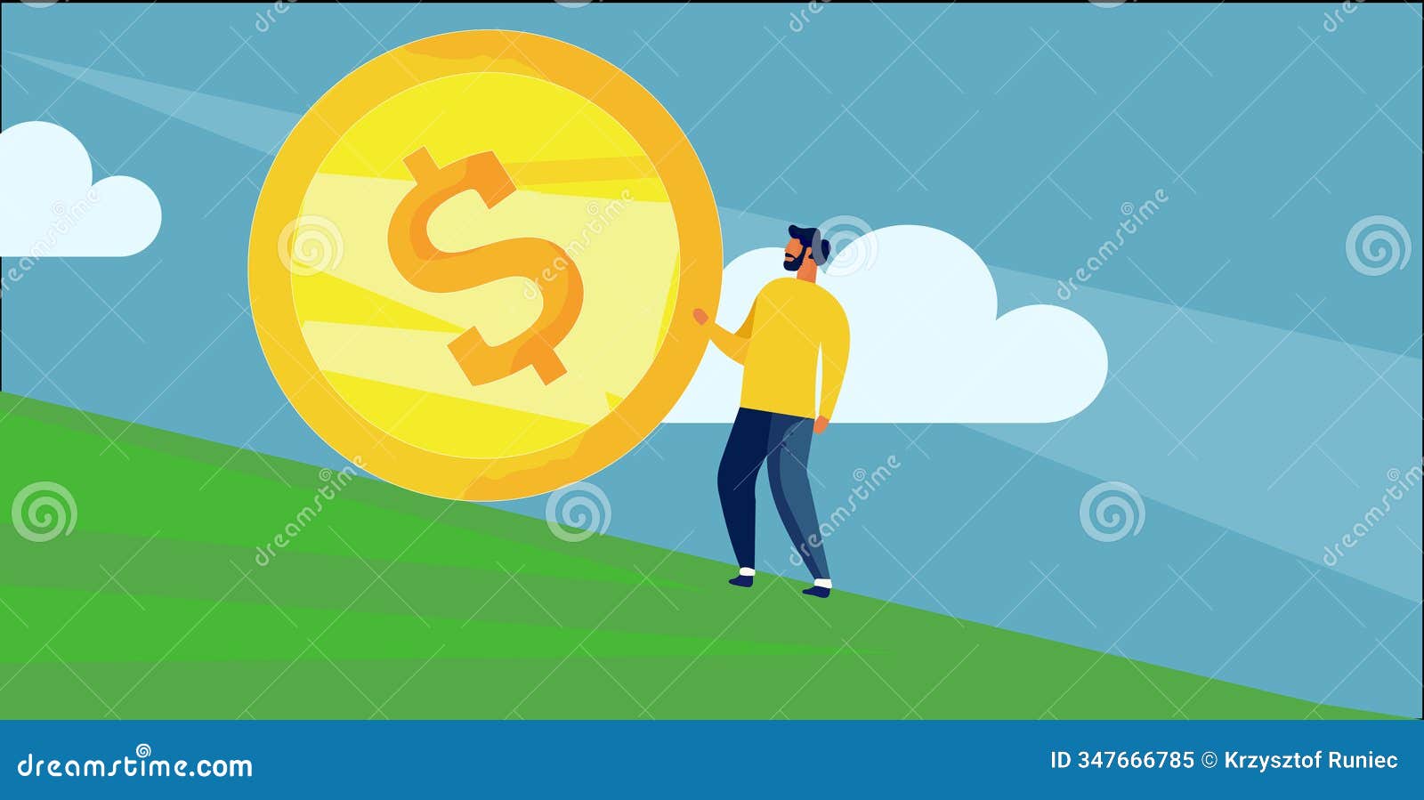 Man Rolling Coin Uphill, Financial Effort, Saving Stock Illustration ...