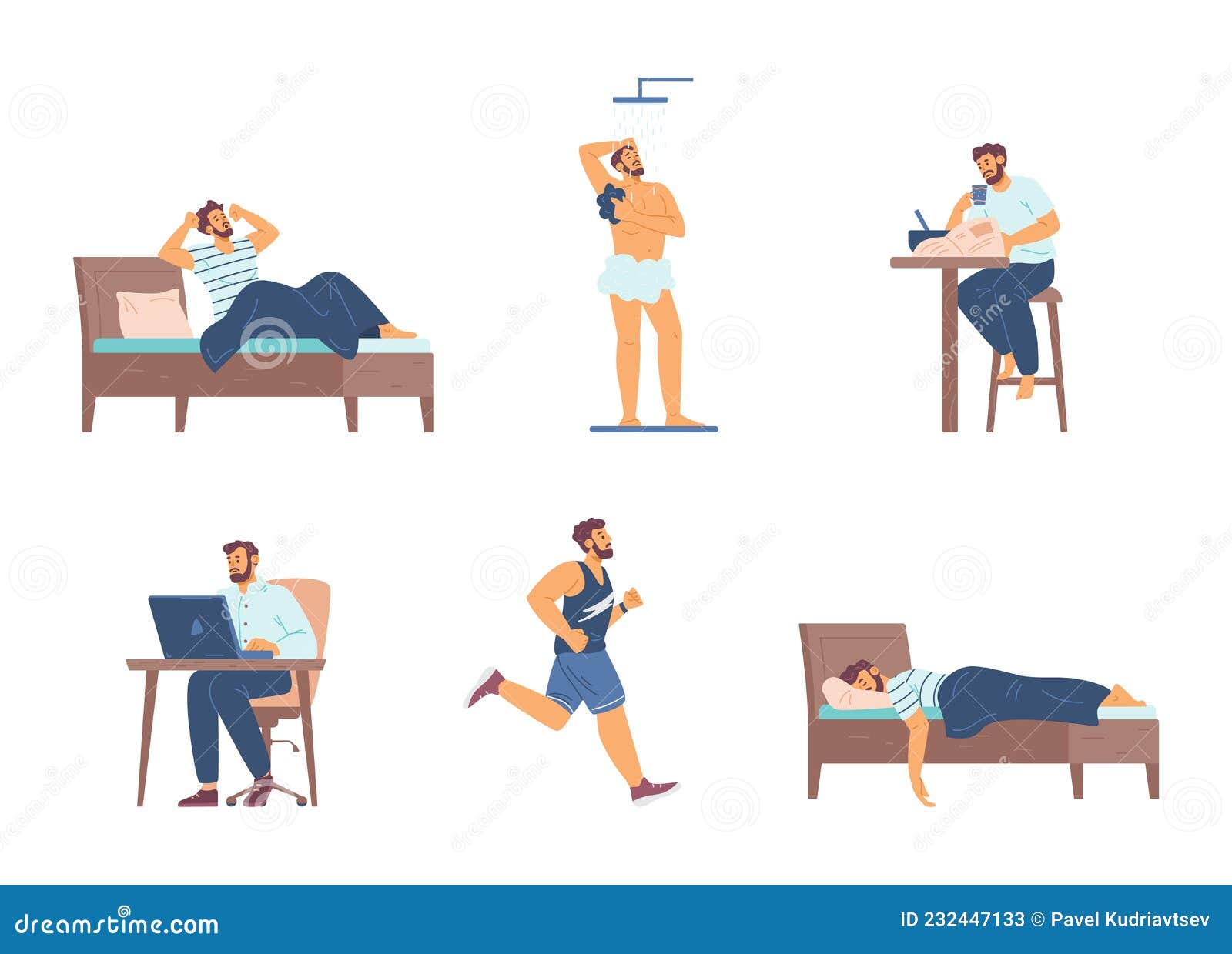 Man daily Routine Chores and Activities Set, Flat Vector Illustration ...