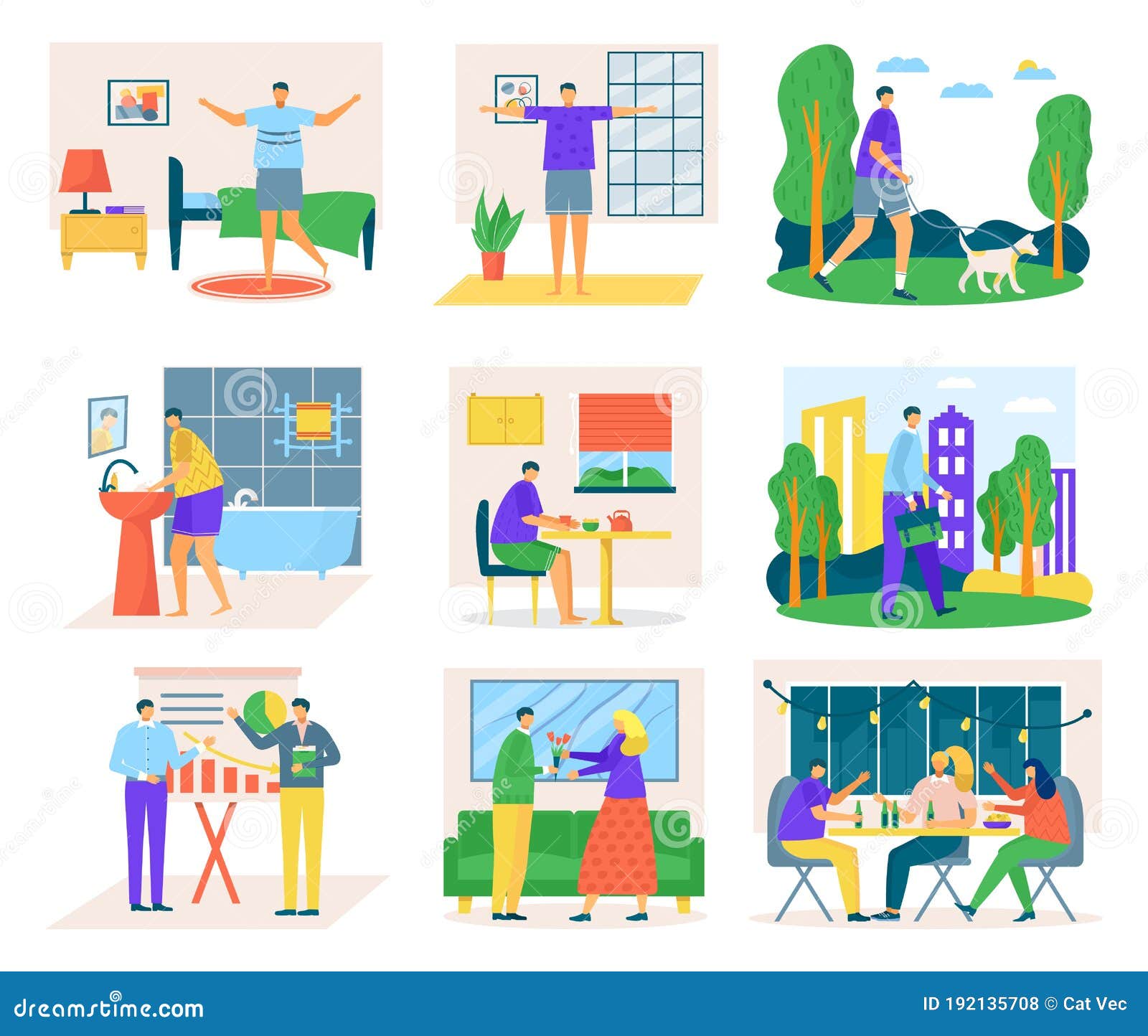 Man daily Routine Icons Set of Isolated Vector Illustrations. Day Work ...