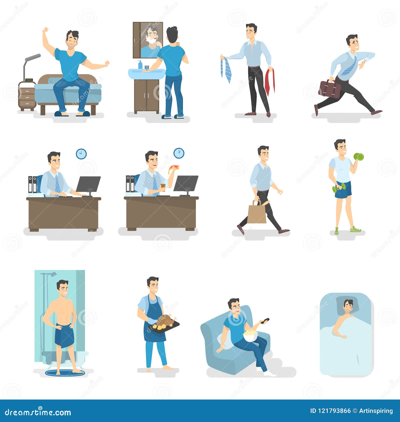 Man daily routine stock vector. Illustration of live - 121793866