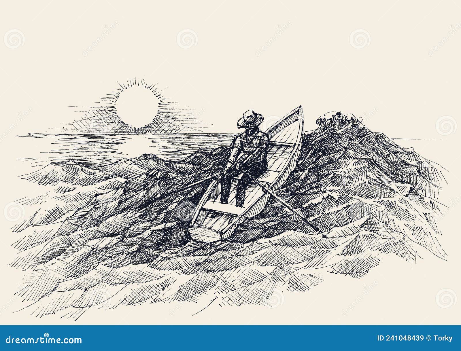 Man Rowing in a Boat on Sea Waves Stock Vector - Illustration of float ...