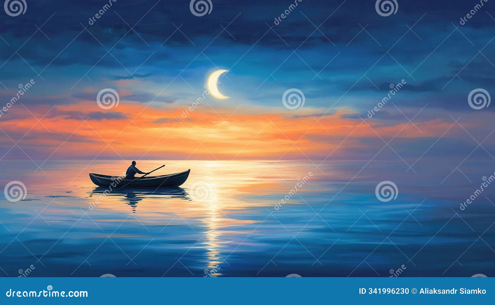 Boy Rowing A Crescent Boat Silhouette Vector Illustration ...