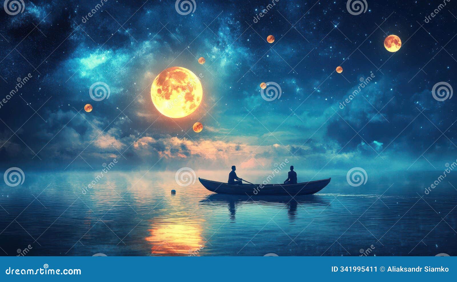 Man Rowing a Boat Under Glowing Moons on Calm Sea at Night Stock ...