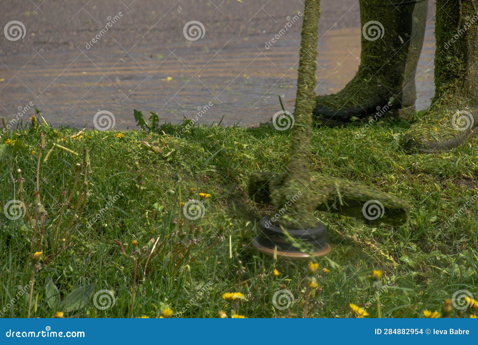 A Man in Rubber Boots Mowed Grass with a Trimer. Boots with Grass Stock ...