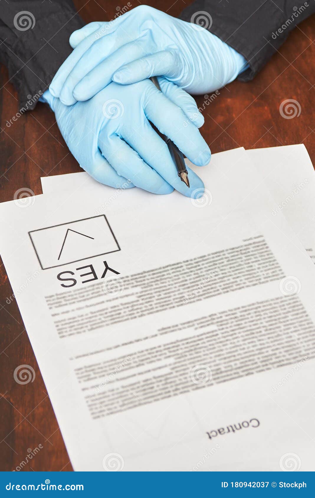 Man in Rubber Gloves Signs a Contract. Yes Checkbox Stock Image - Image ...