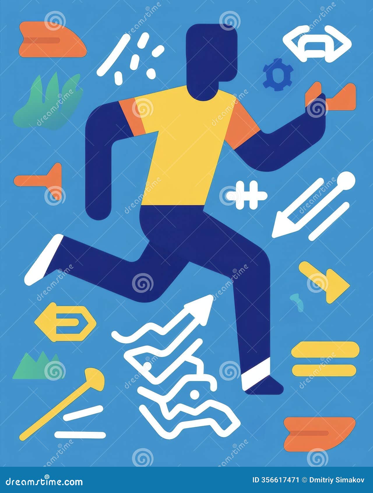 A Man Running with a Bunch of Random Objects Around Him Stock ...