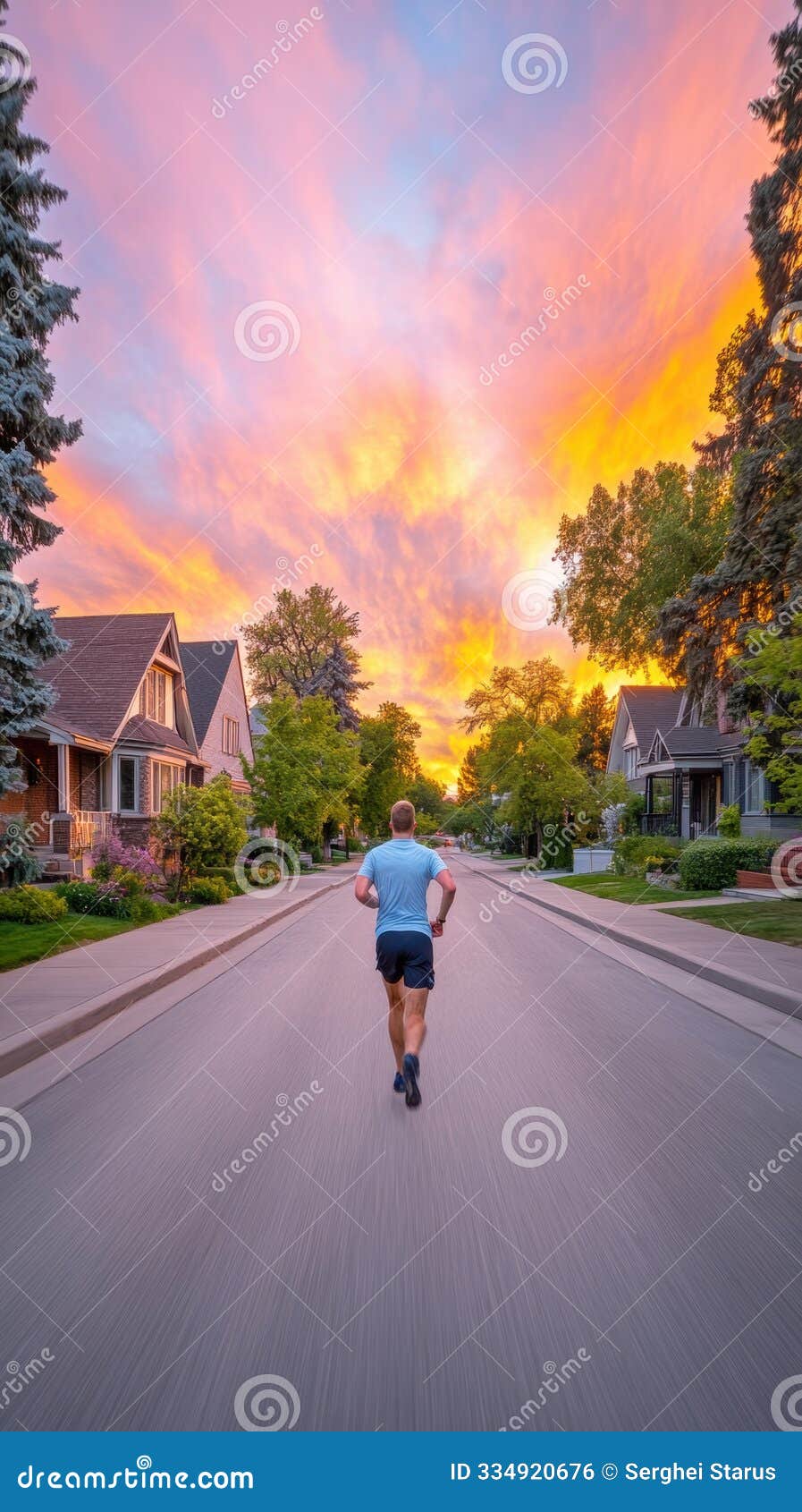 A Man Running Down a Street in the Middle of Town, AI Stock Photo ...