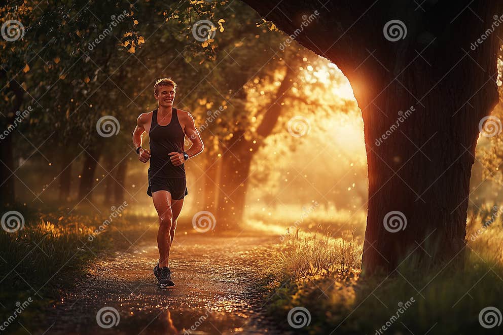 Man Running through Field at Sunset Stock Image - Image of endurance ...