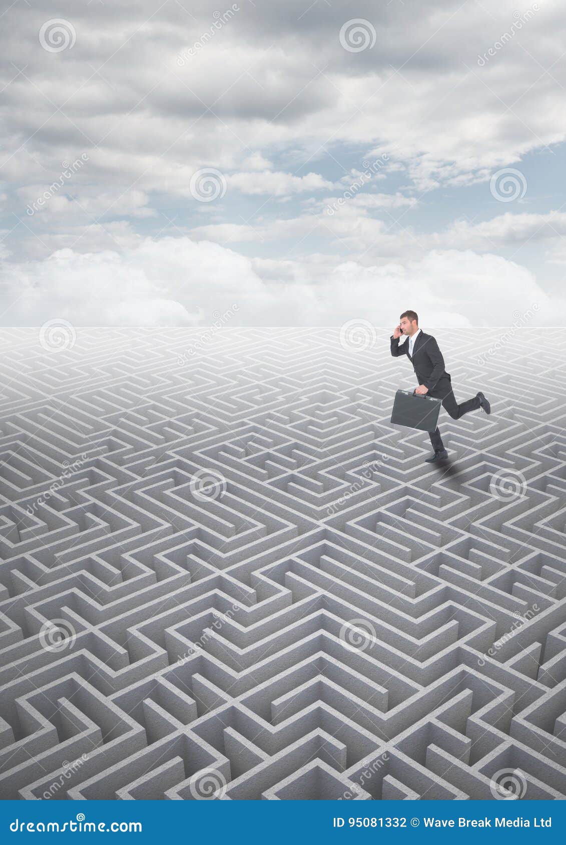 Man Running on a Maze with Clouds Stock Photo - Image of flare ...