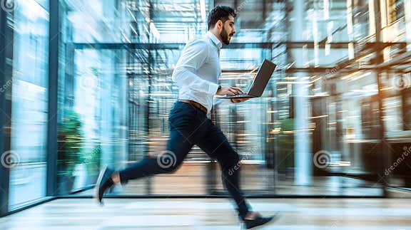 A Man is Running through a Modern Office while Using a Laptop ...