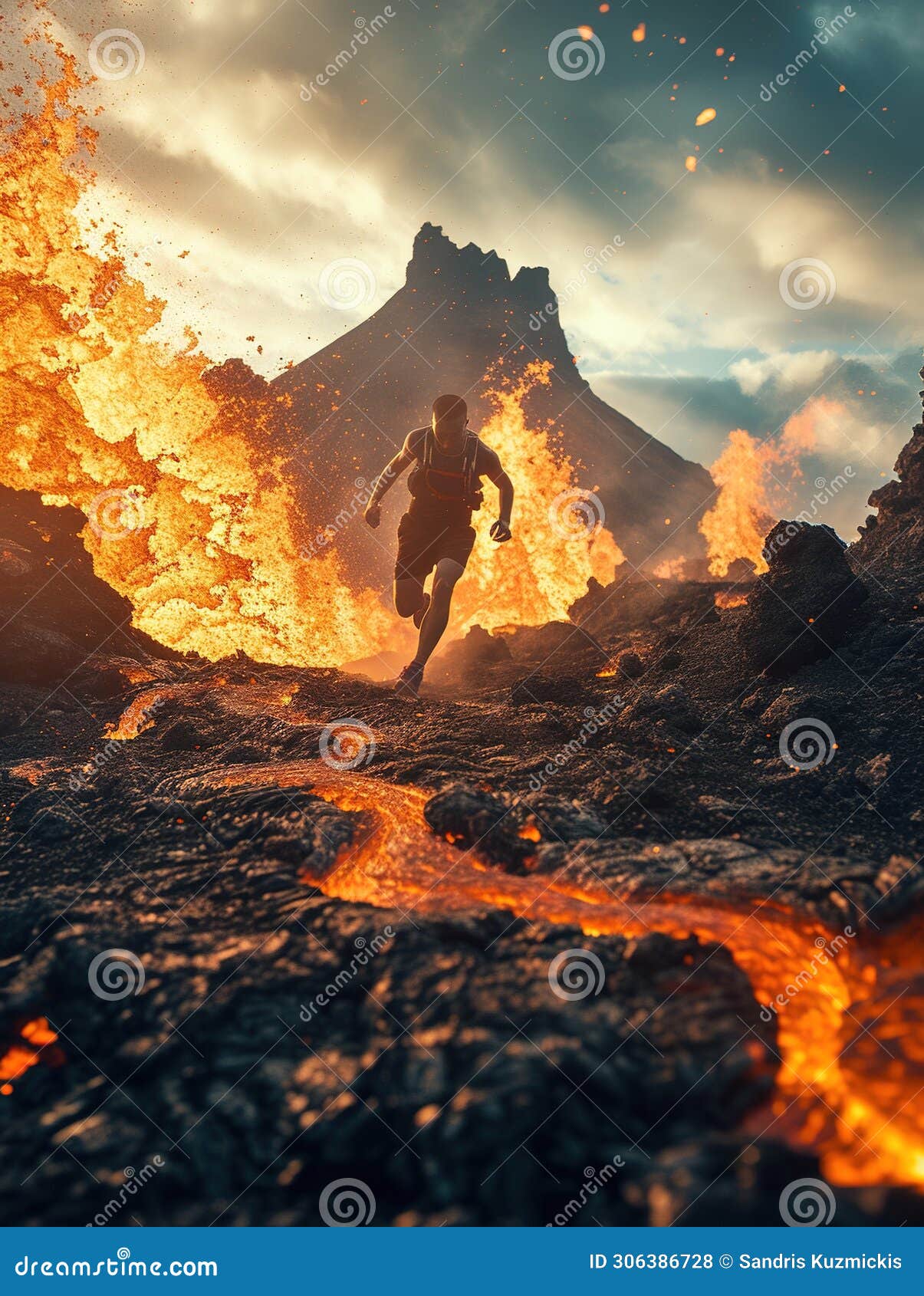 Man Running Near Lava. Generative AI Stock Illustration - Illustration ...