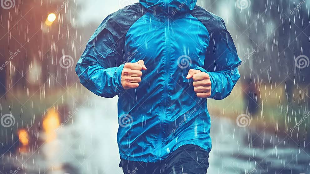Man Running in the Rain Wearing a Blue Jacket Stock Image - Image of ...
