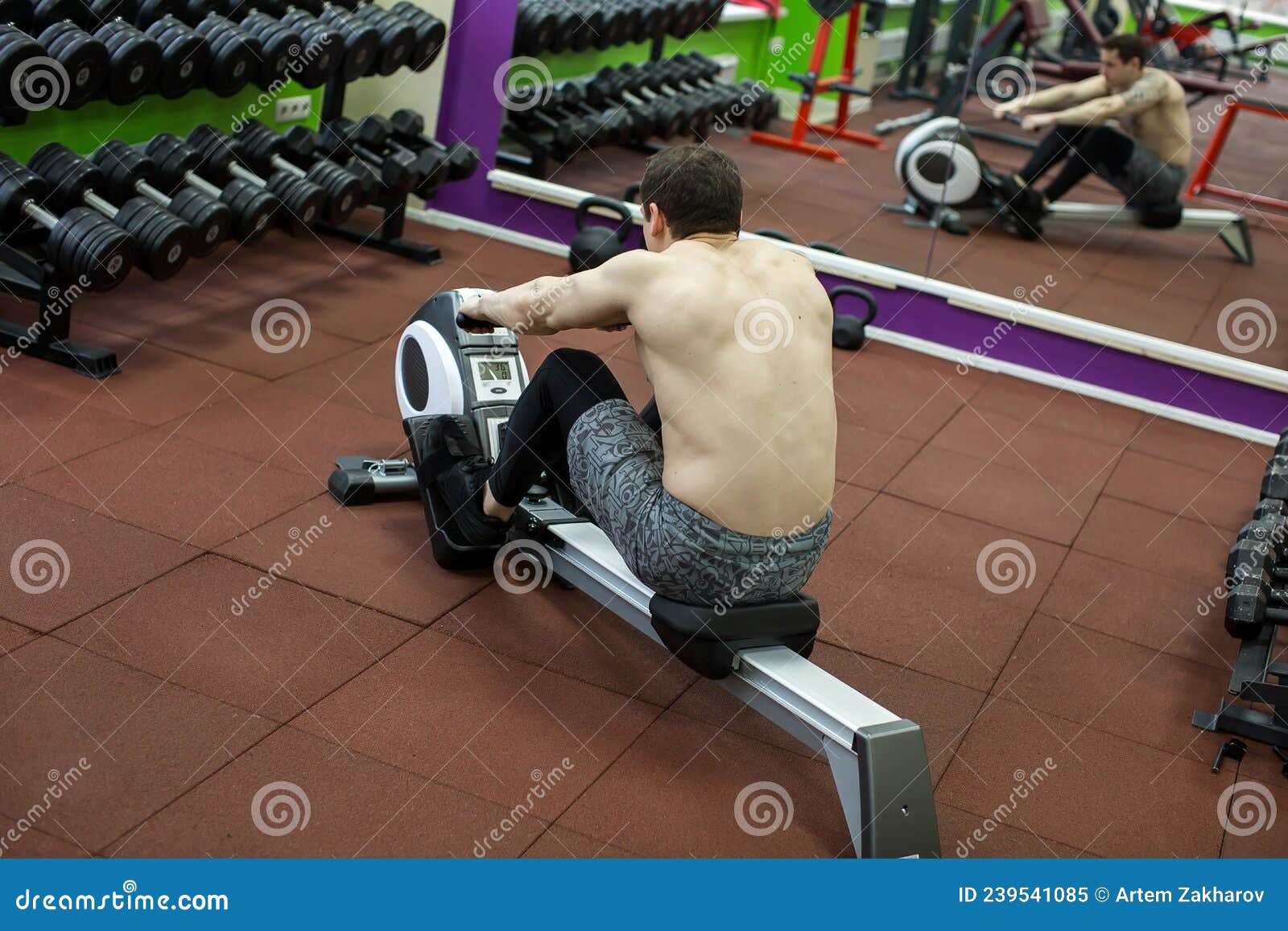 Man Running Rowing Exercise in the Gym. Stock Image - Image of power ...