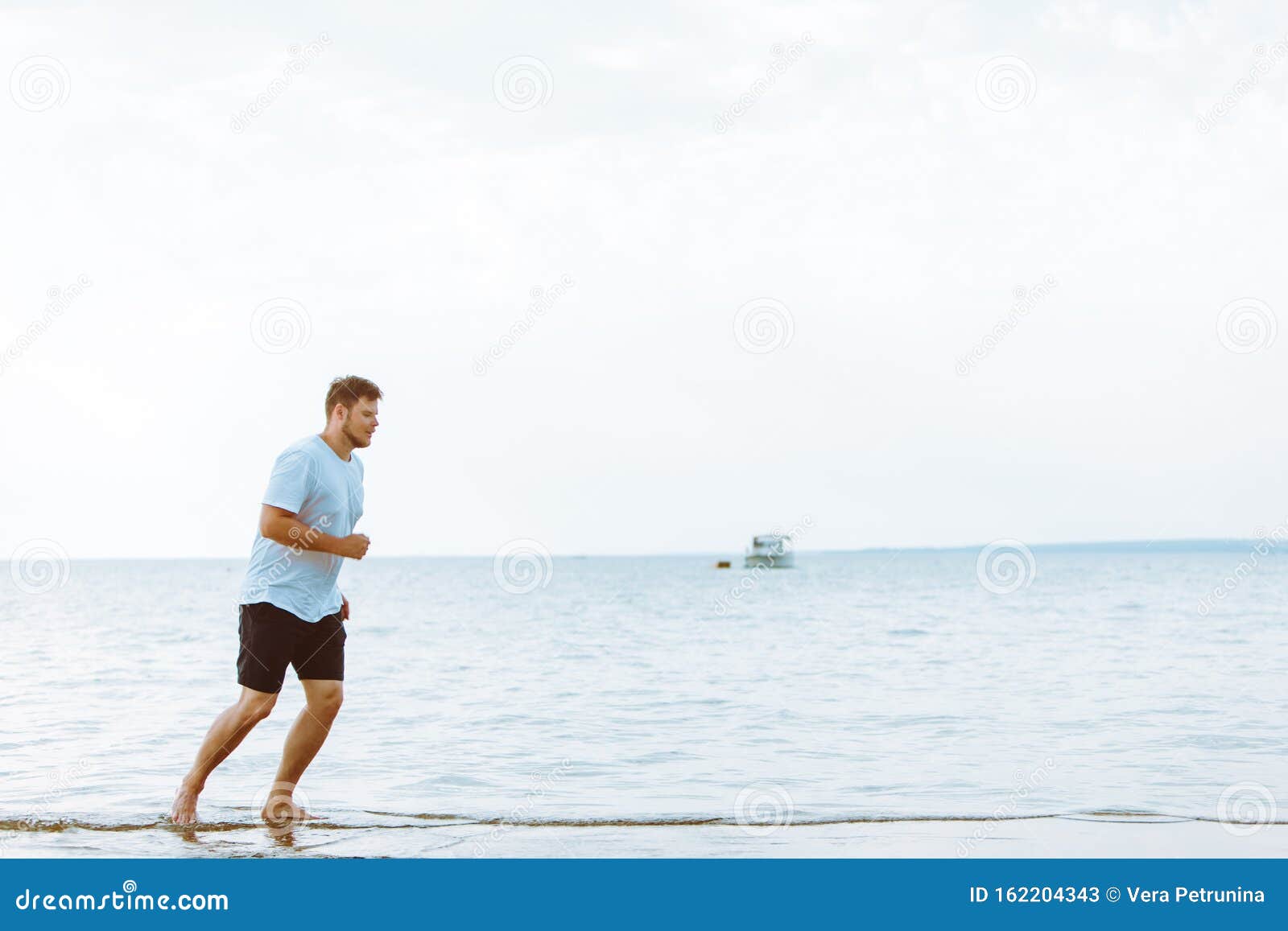 Man Running by Sea Beach Barefoot Stock Image - Image of holiday ...