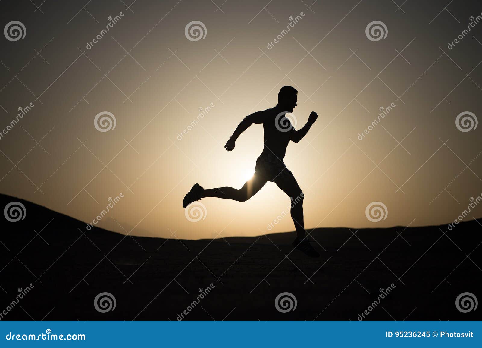 Man Running Silhouette at Sunset, Young Caucasian Run in Mountain Stock ...