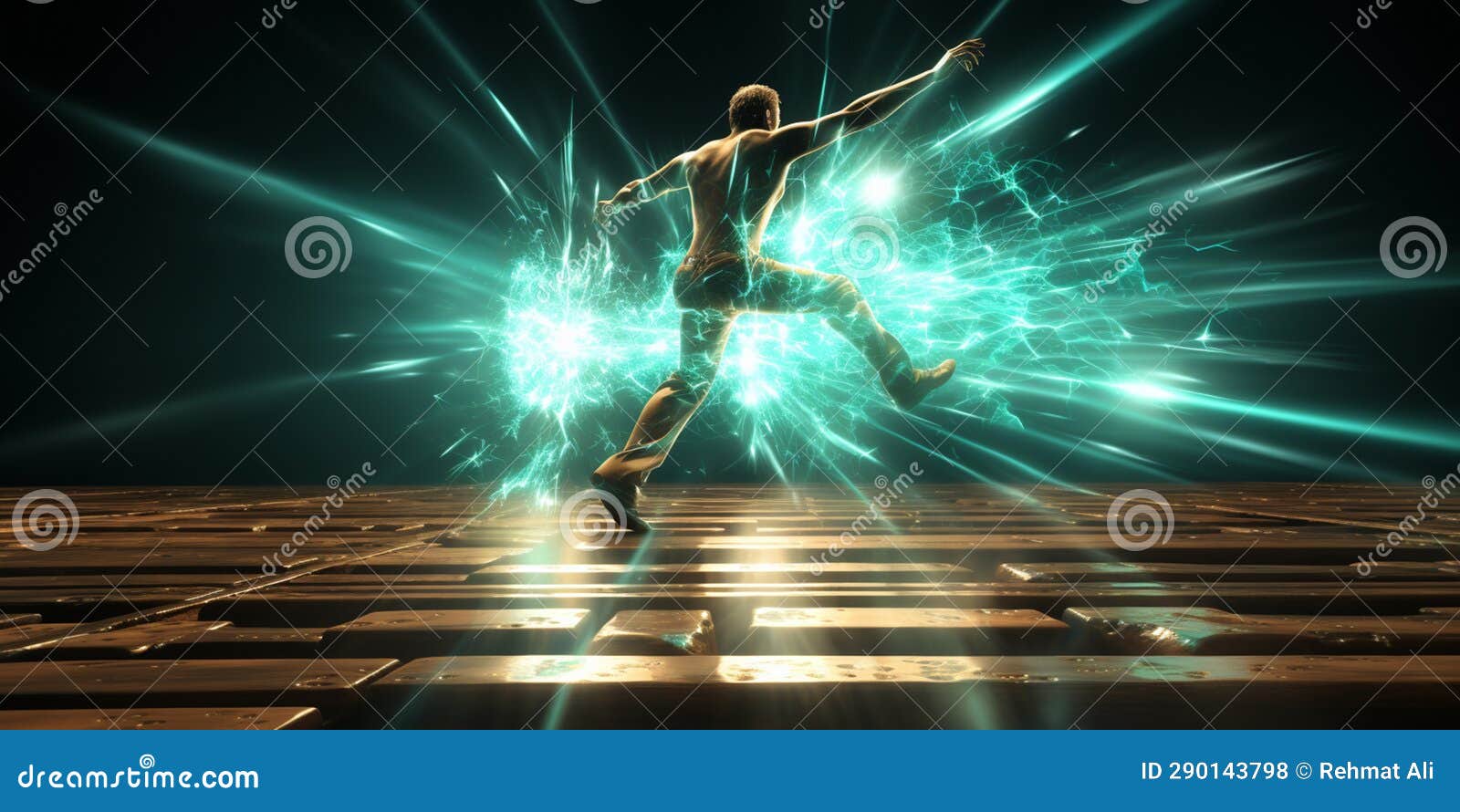 Man Running To Kick Ball Neon Light on Brick Walls 3d Rendering ...