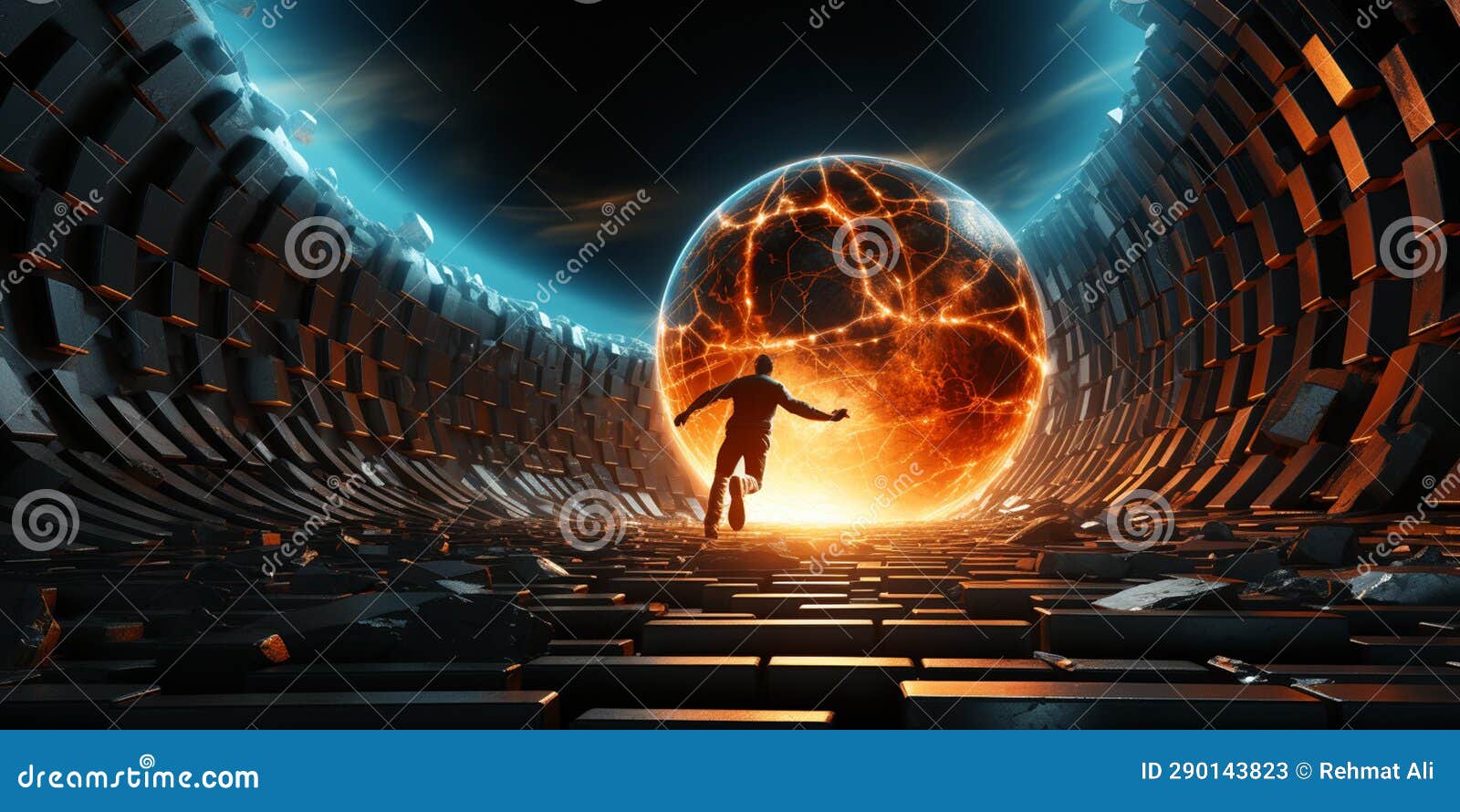 Man Running To Kick Ball Neon Light on Brick Walls 3d Rendering Stock ...