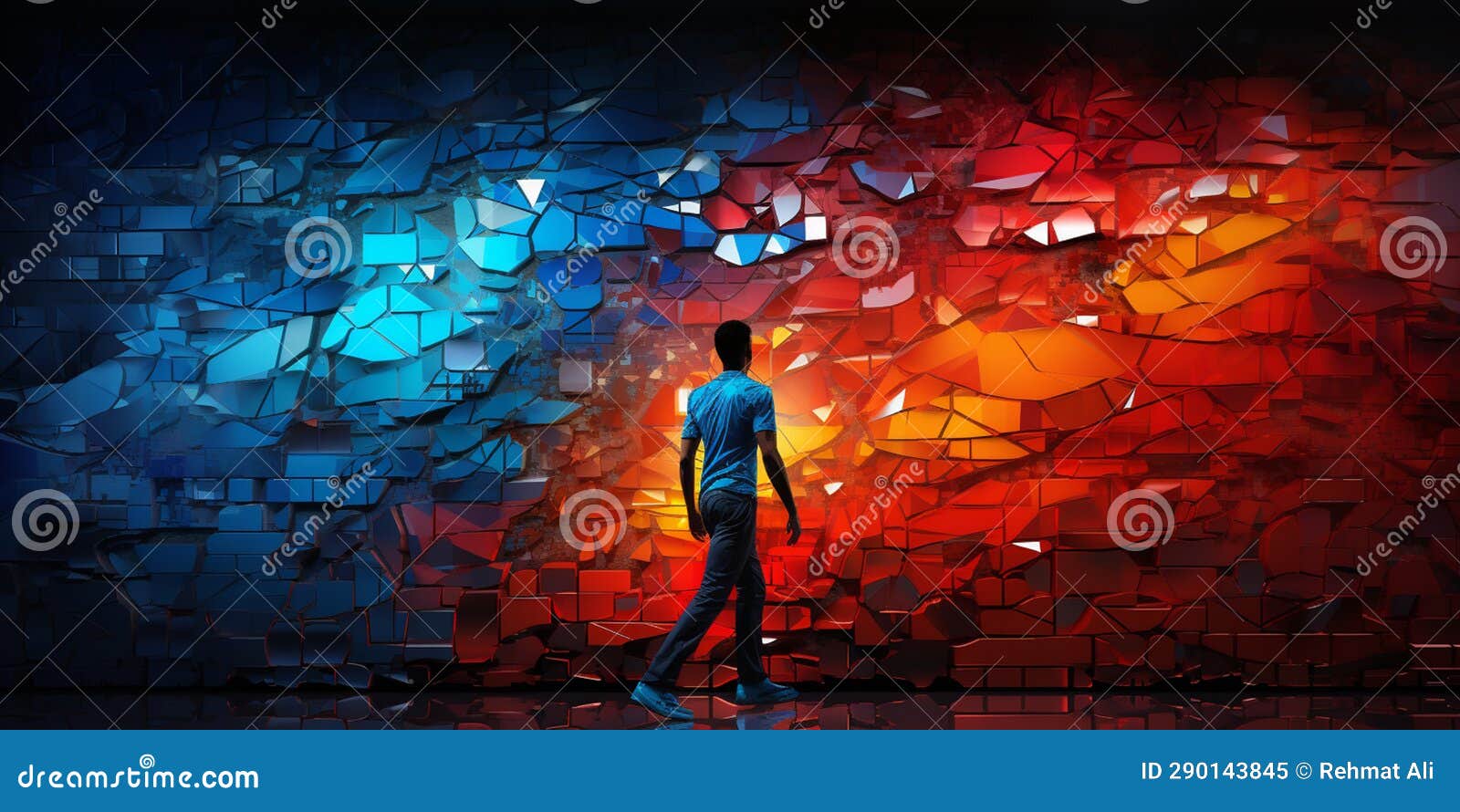 Man Running To Kick Ball Neon Light on Brick Walls 3d Rendering ...